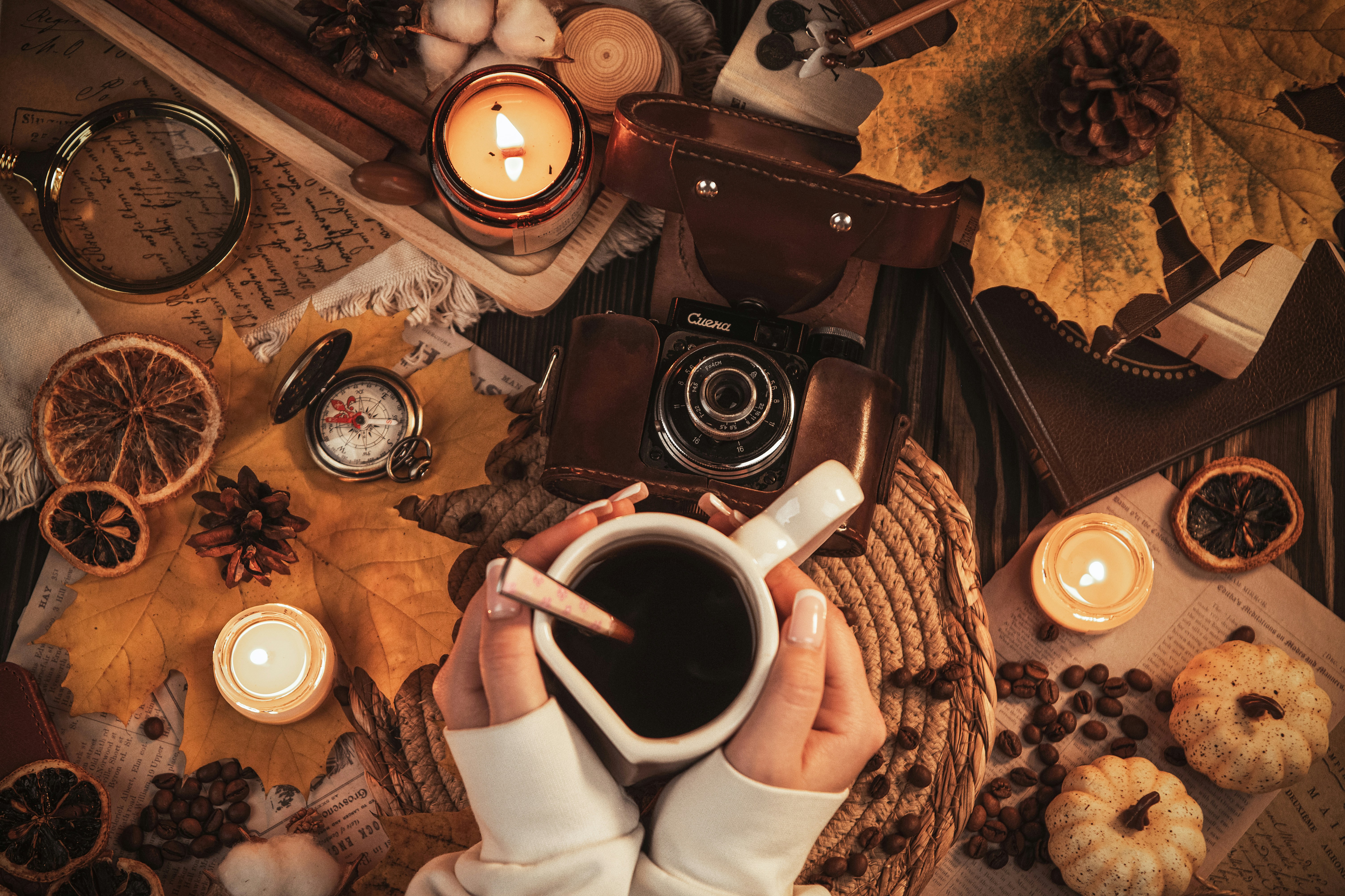 Warm Nest: A Cozy Autumn Coffee Moment with Vintage Gear