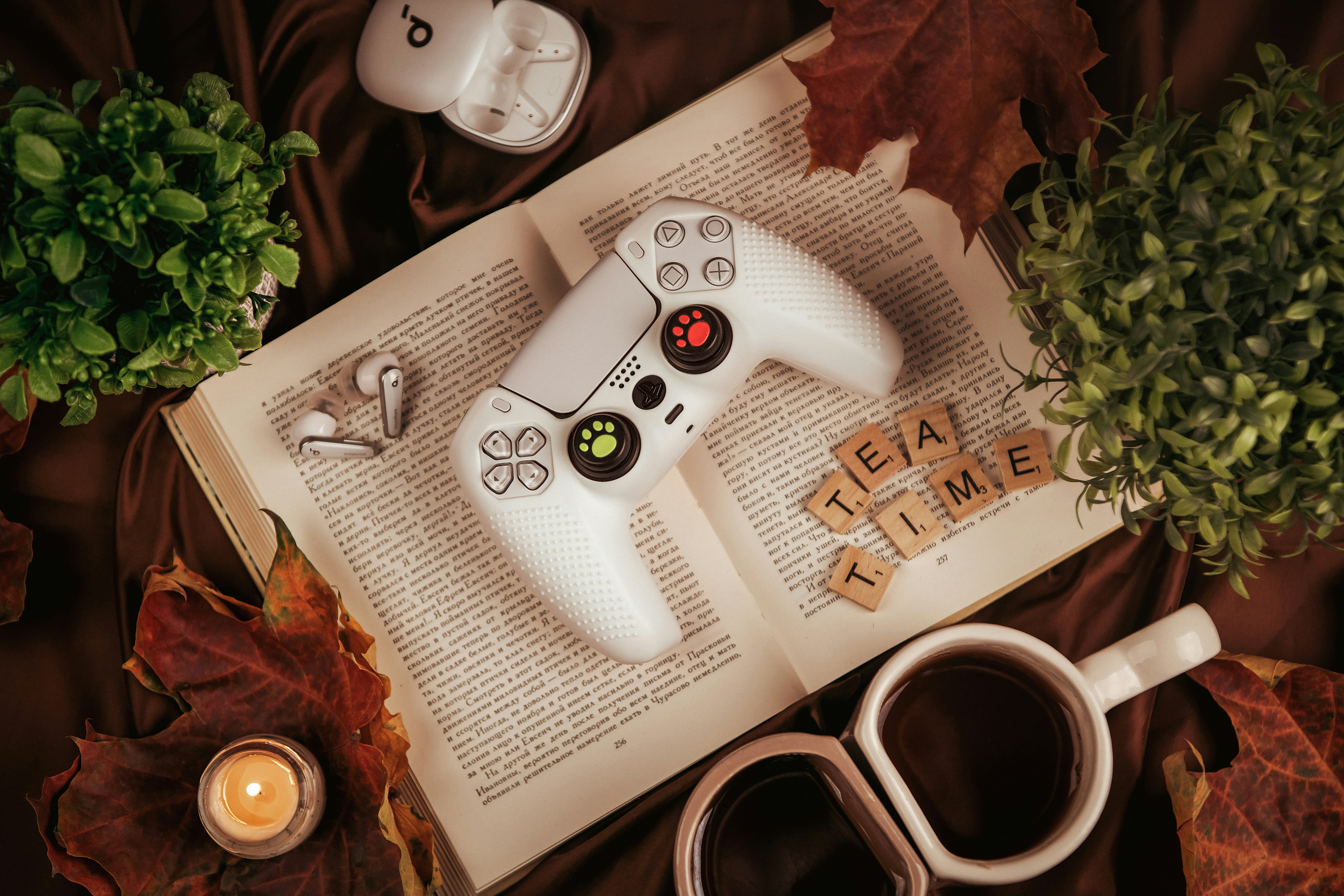 Cozy autumn gaming moment: white controllers resting on an open book