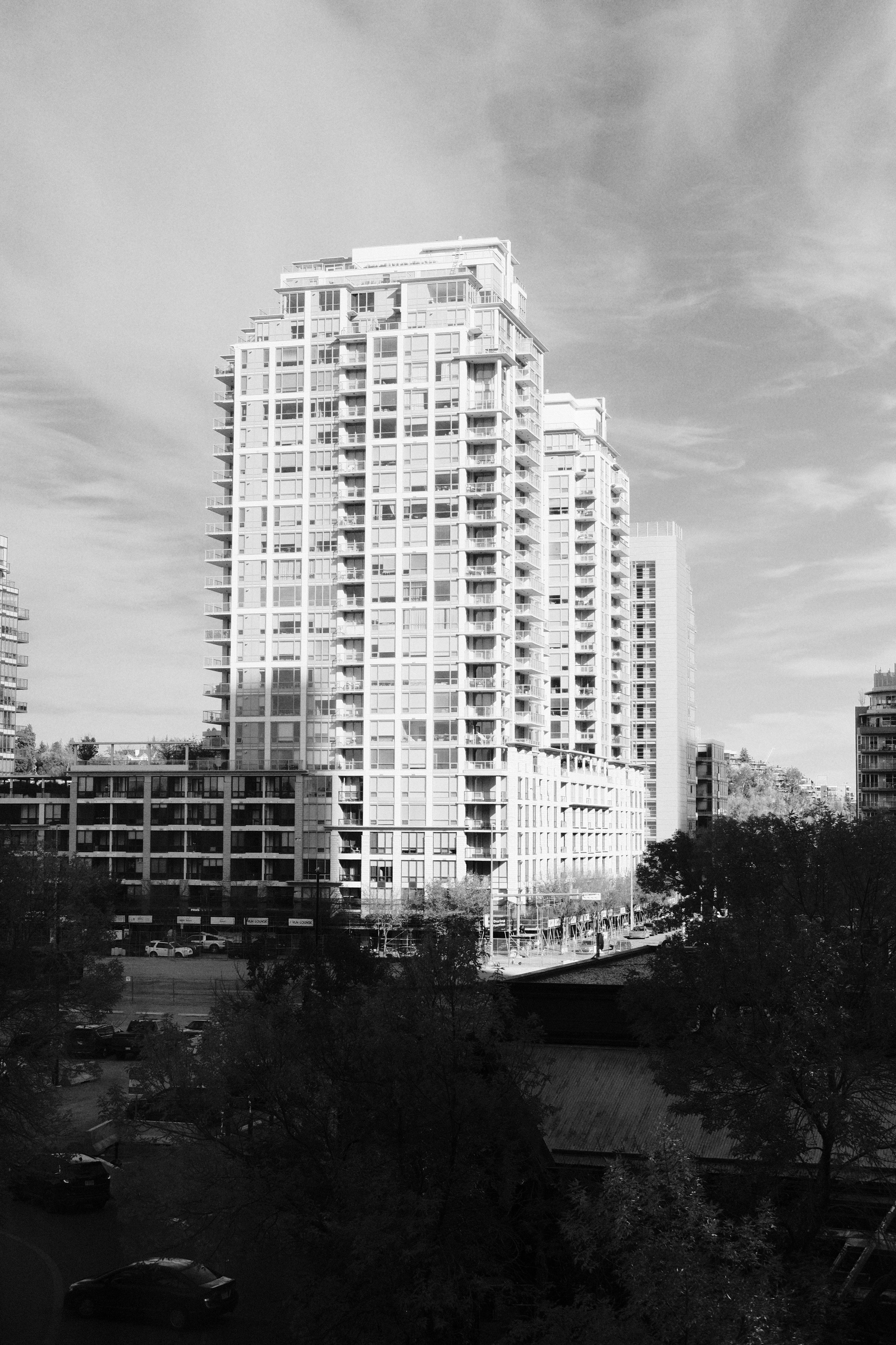 Tall residential towers rise above a tree-lined urban street, rendered in grayscale to emphasize form and structure.