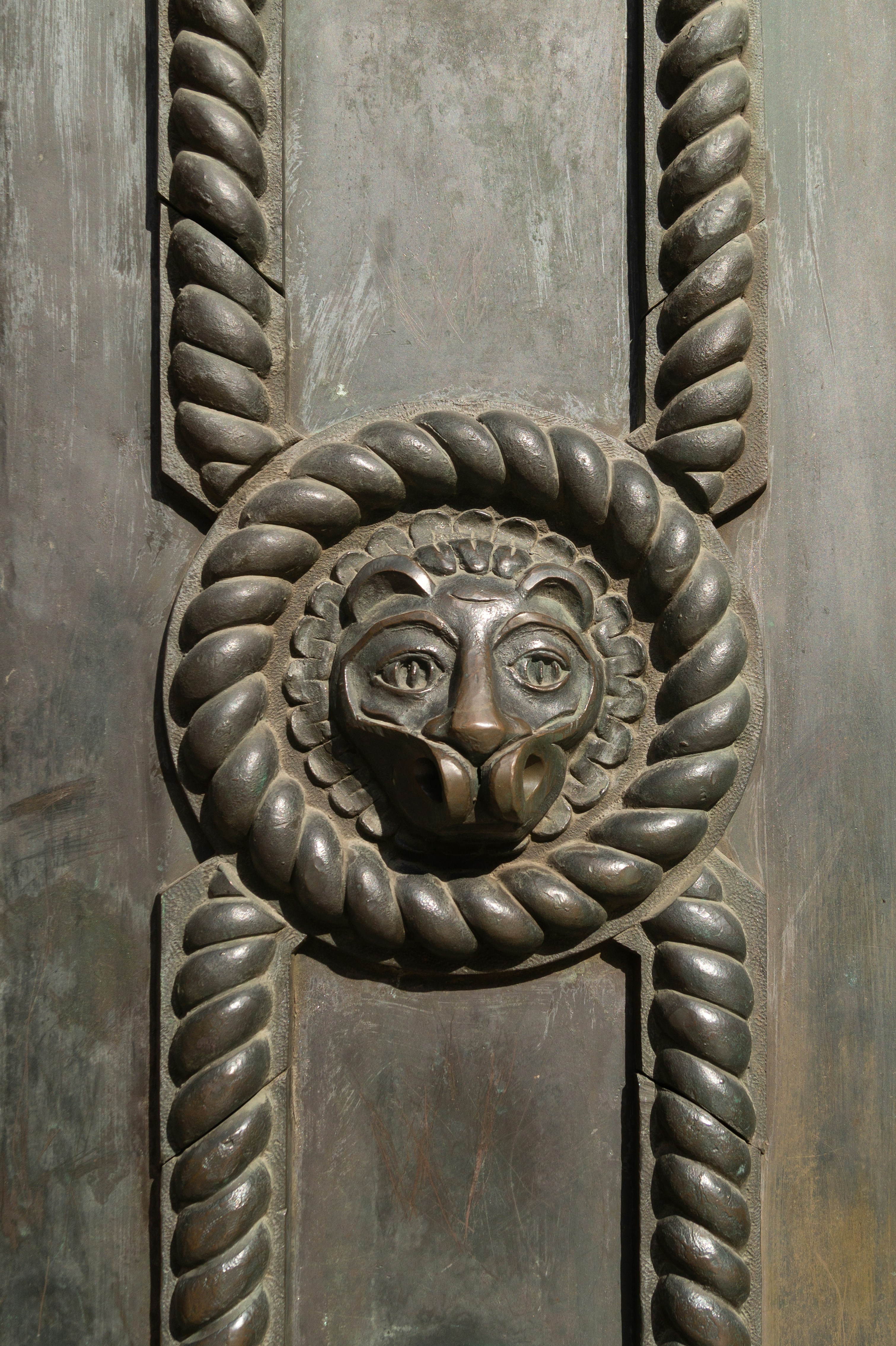 The Medallion of Sturdy Rings: A Close View of a Carved Lion Ring on a Weathered Door
