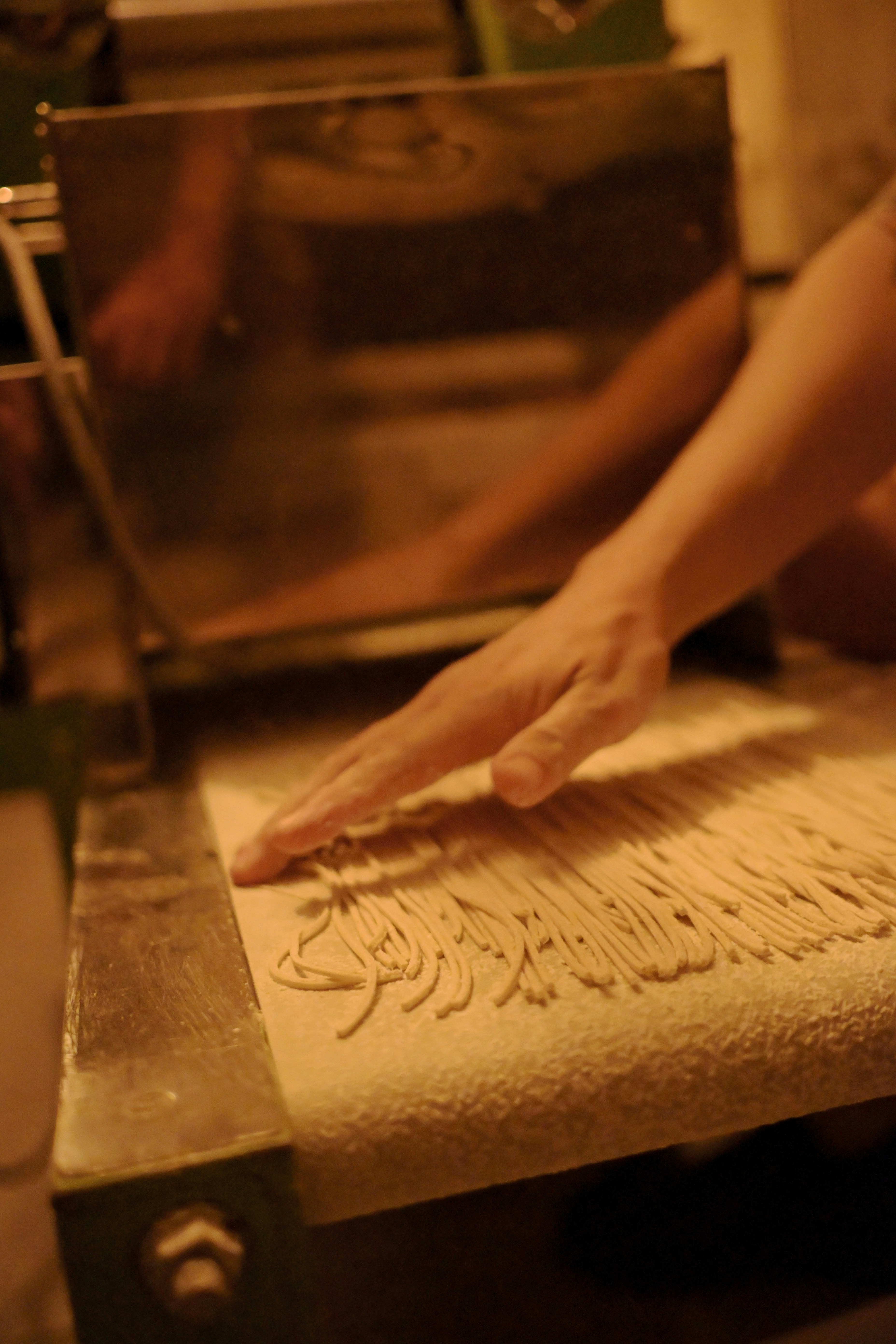 Hands kneading dough on a flour-dusted surface under warm light