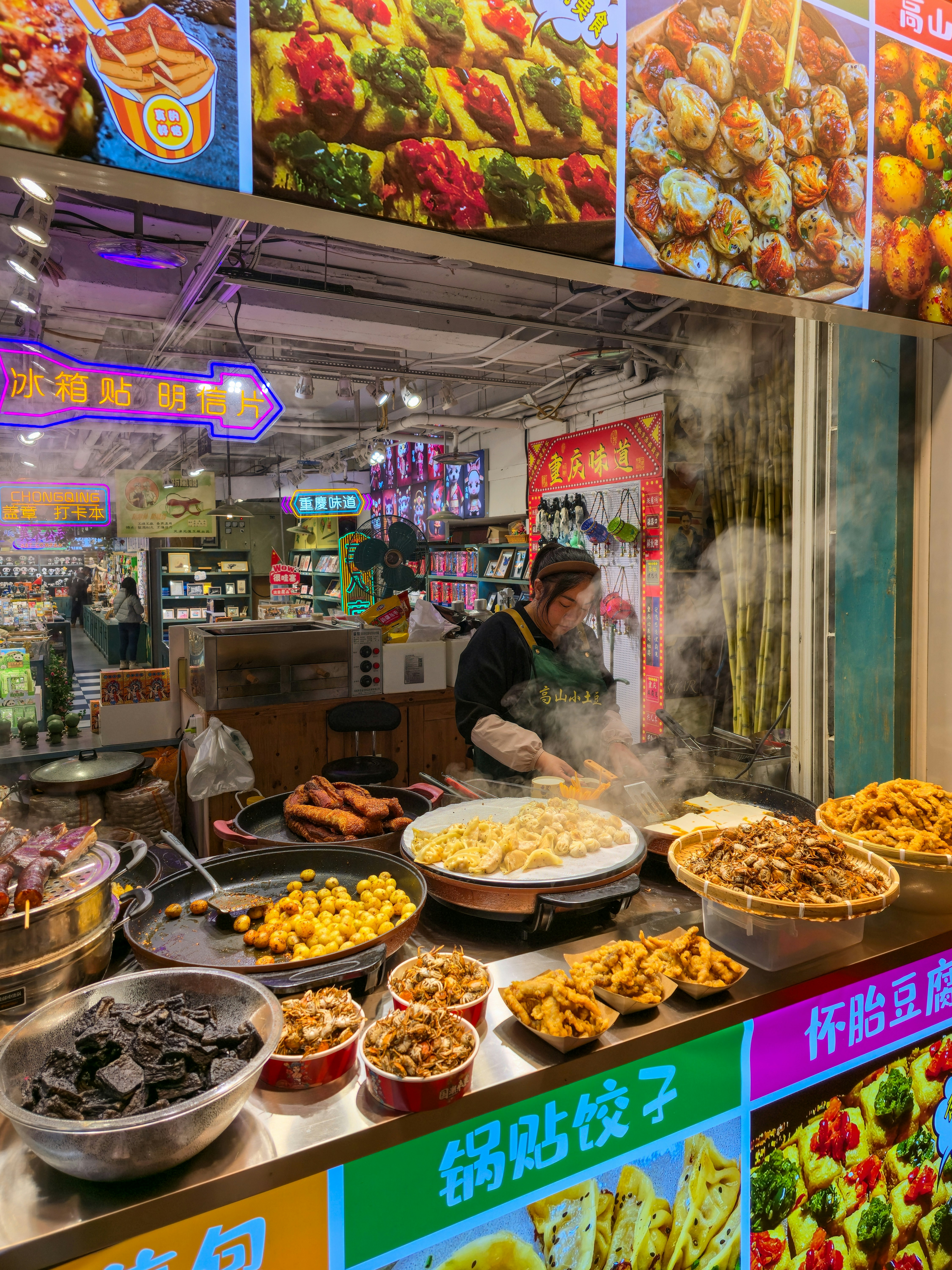 Steam and Sizzle: Street Food Stall in a Colorful Market