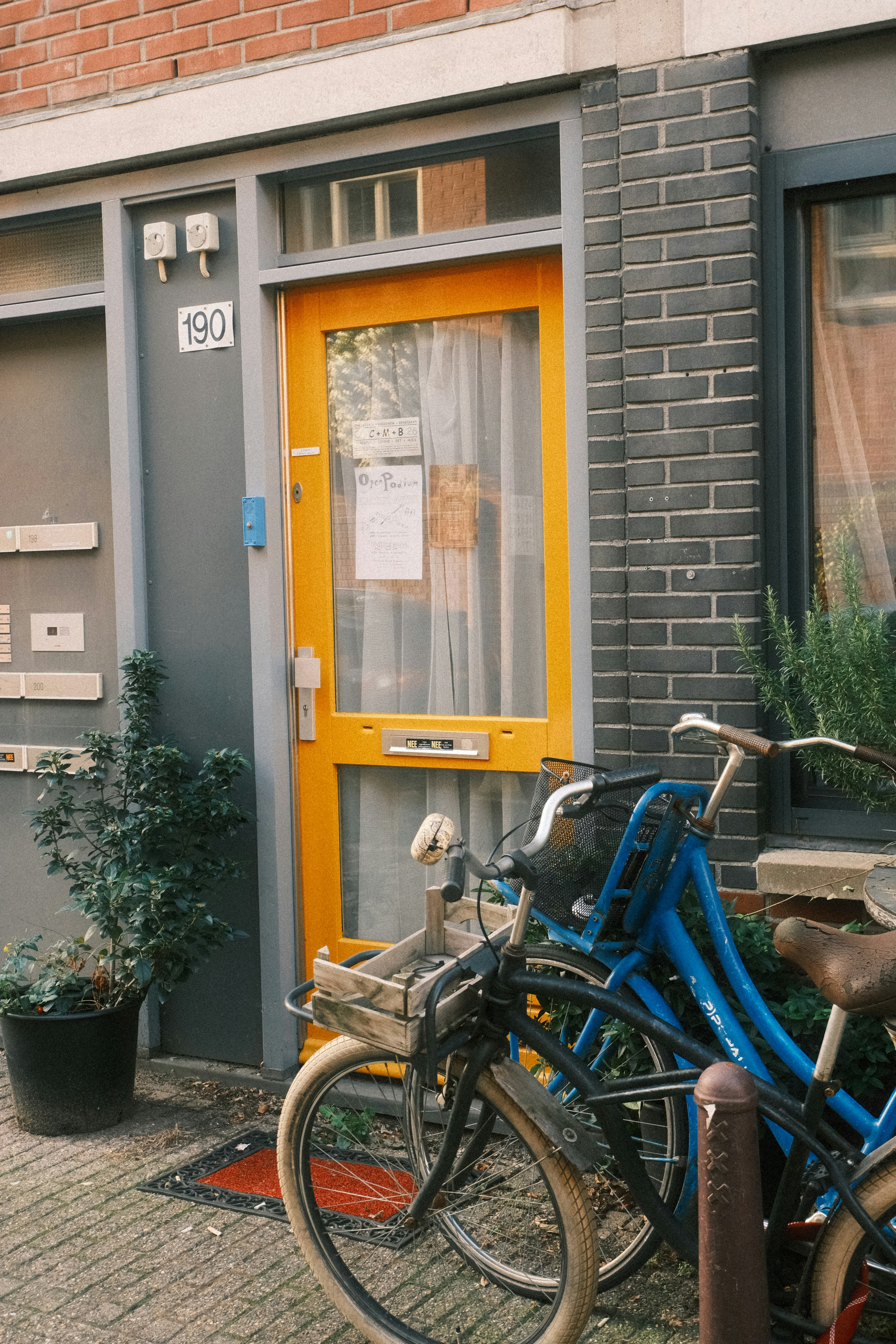 Yellow Doorway and Blue Cycles: Urban Street Postcard