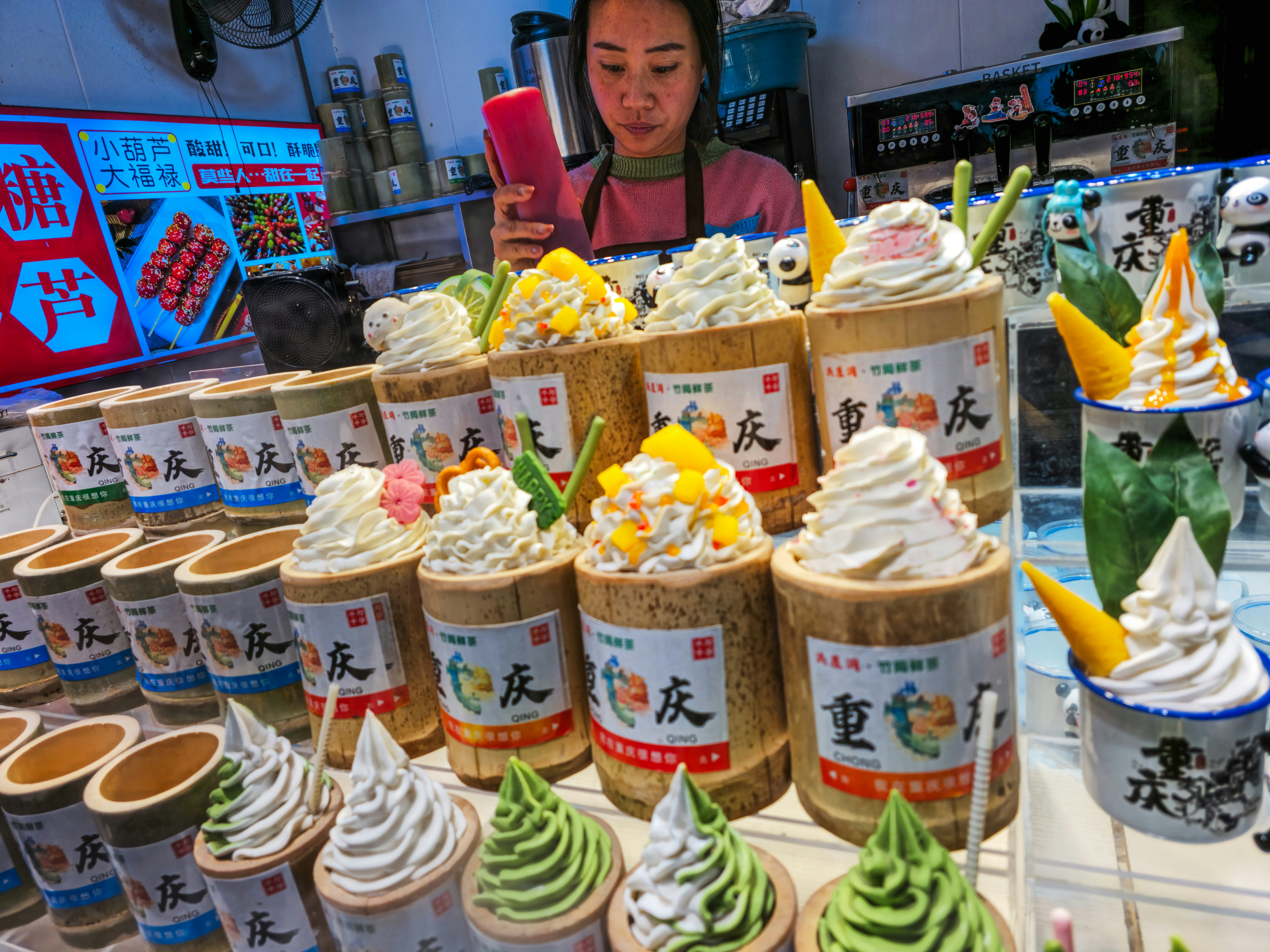 Whimsical Milk Tea Tower Palette: A Confectionery Parade at a Street Vendor