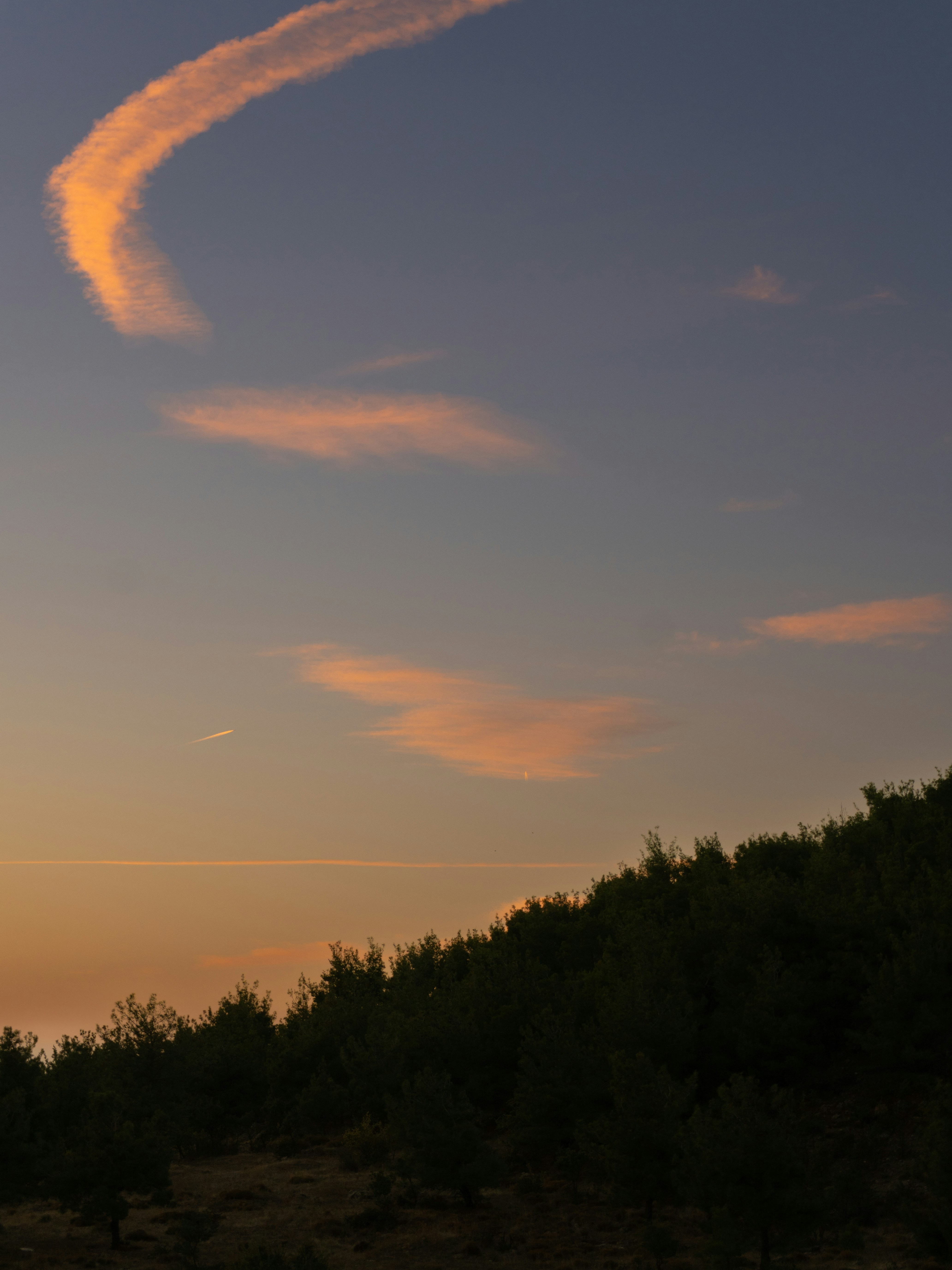 Golden hour sky over a treeline with soft pastel clouds and a distant contrail, capturing a tranquil hillside landscape.