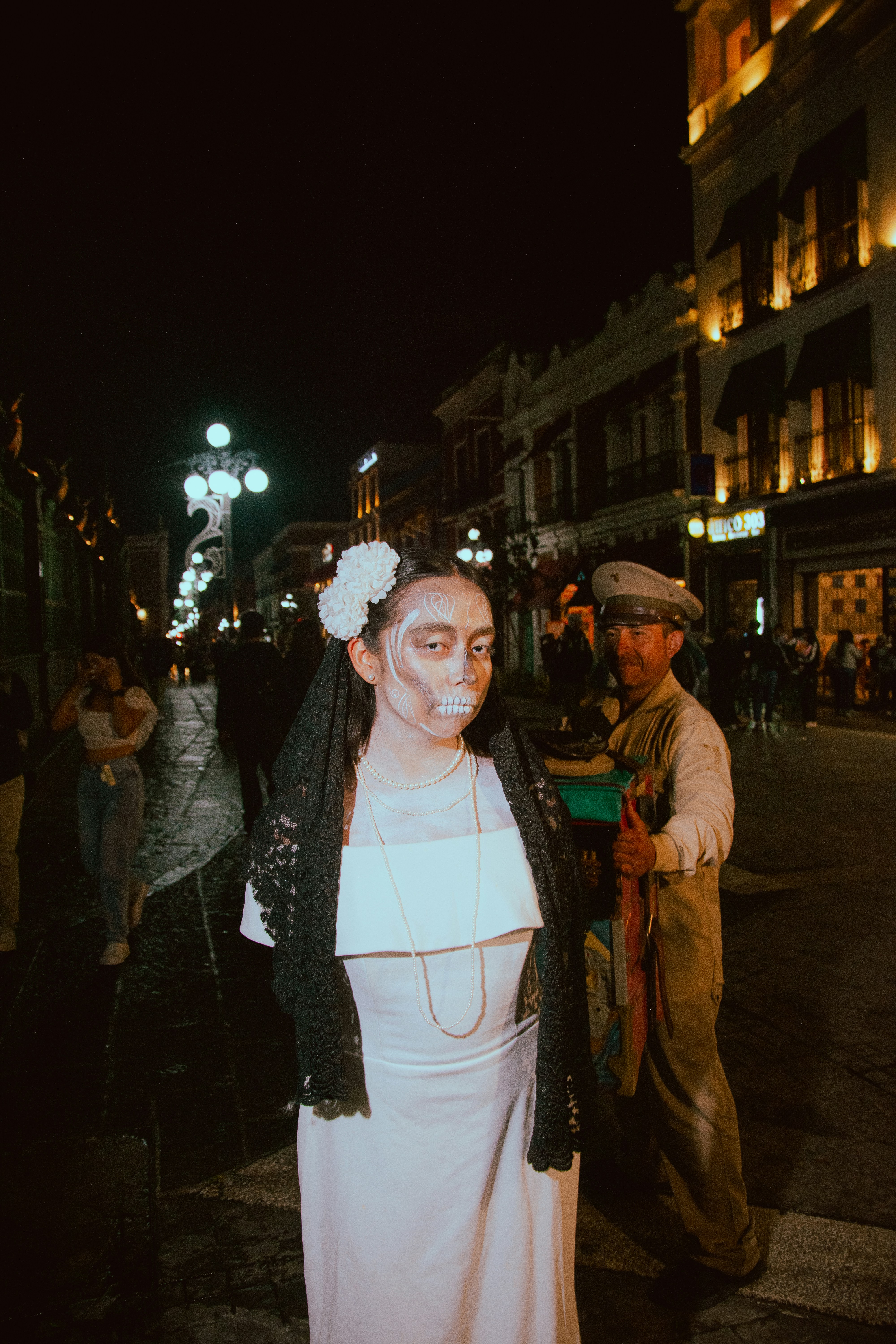 White-painted Masquerade: Night Street Portrait with a Masked Stranger