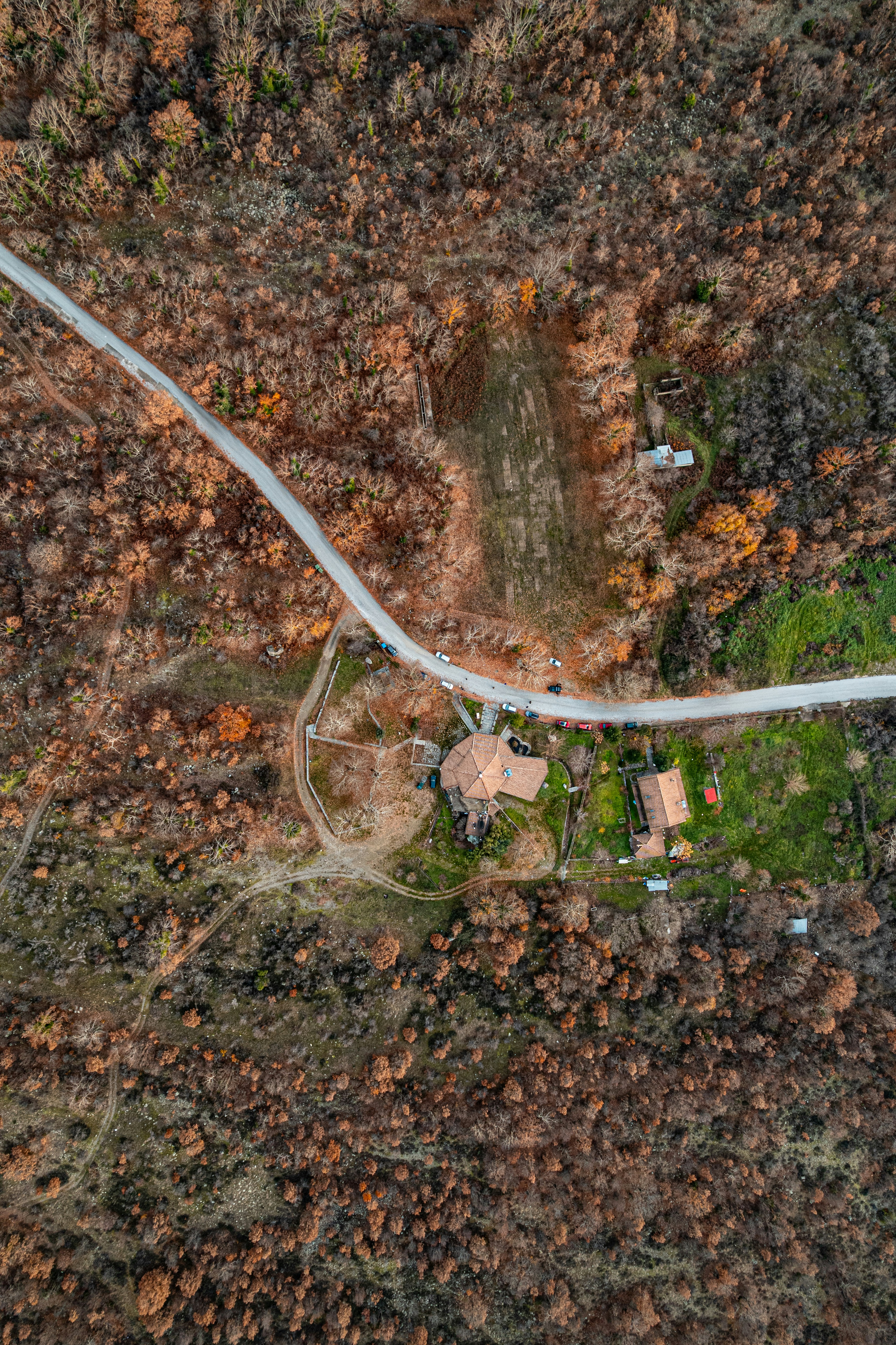 Aerial View Over a Rustic Landscape: Center Road Meanders Through Autumn Woods