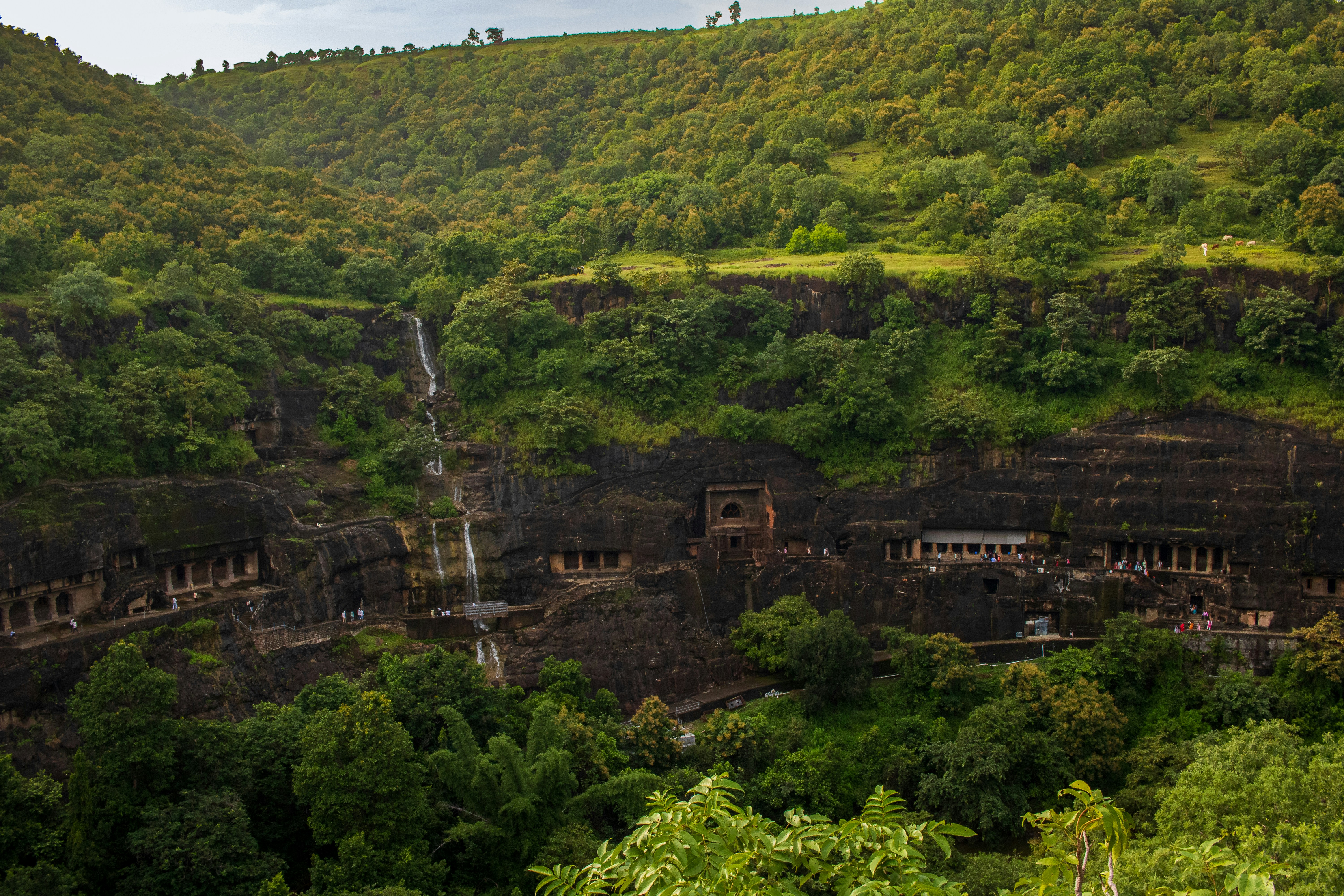 Verdant cliffs and ancient caves along a terraced hillside