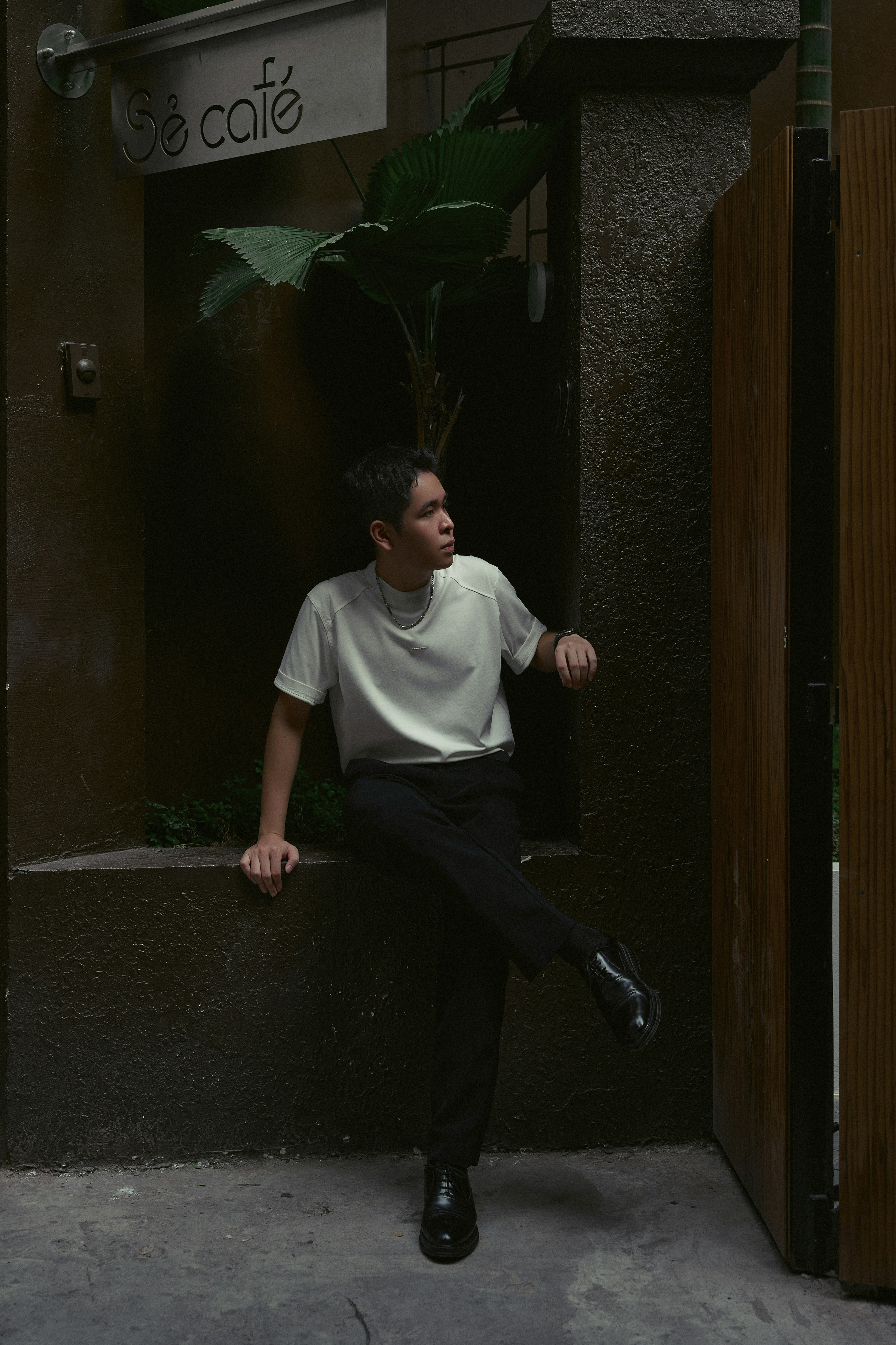 Solitary figure in a shadowed doorway beneath tropical green