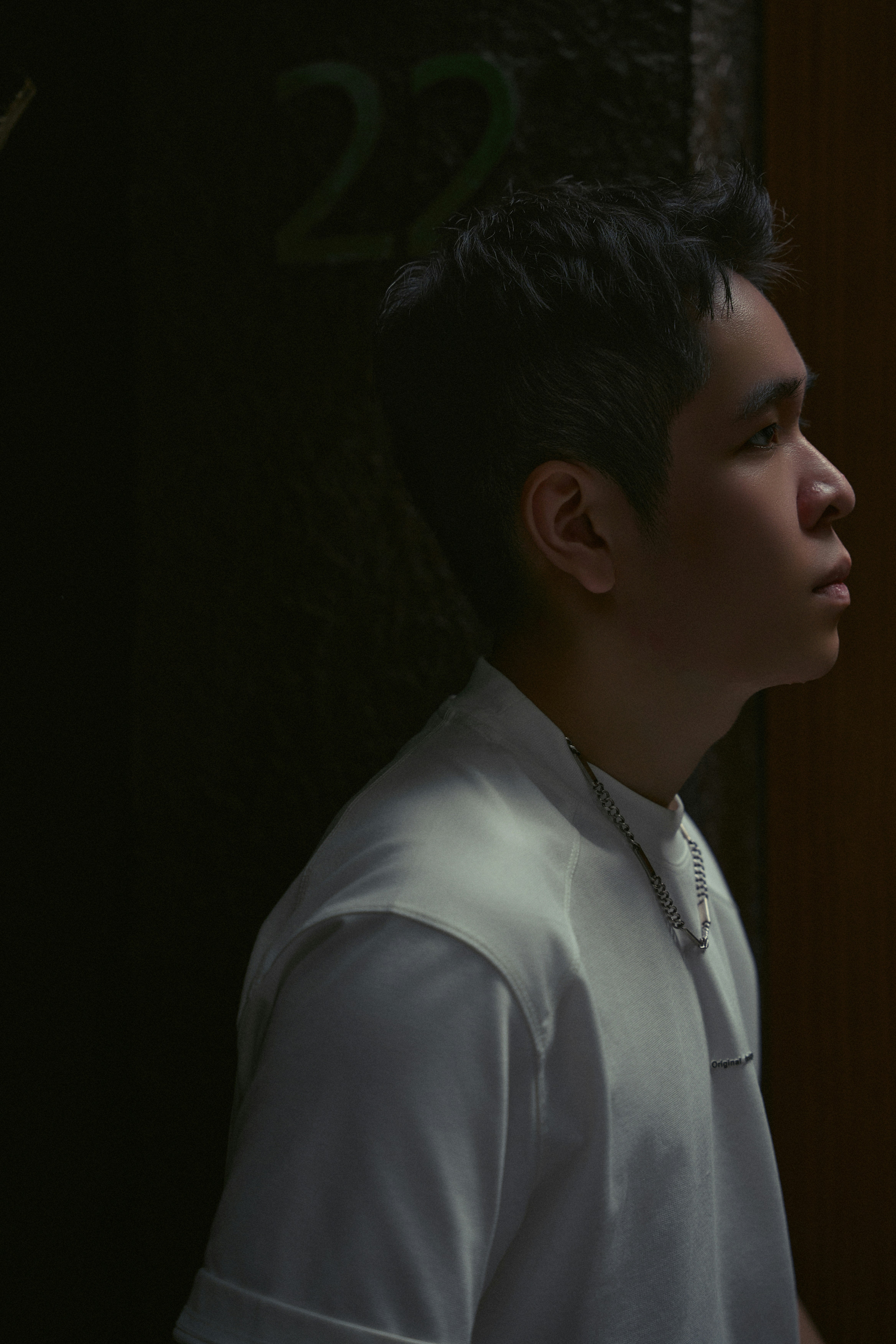 Side Profile in Shadow: A Quiet Portrait in Dim Hall Light