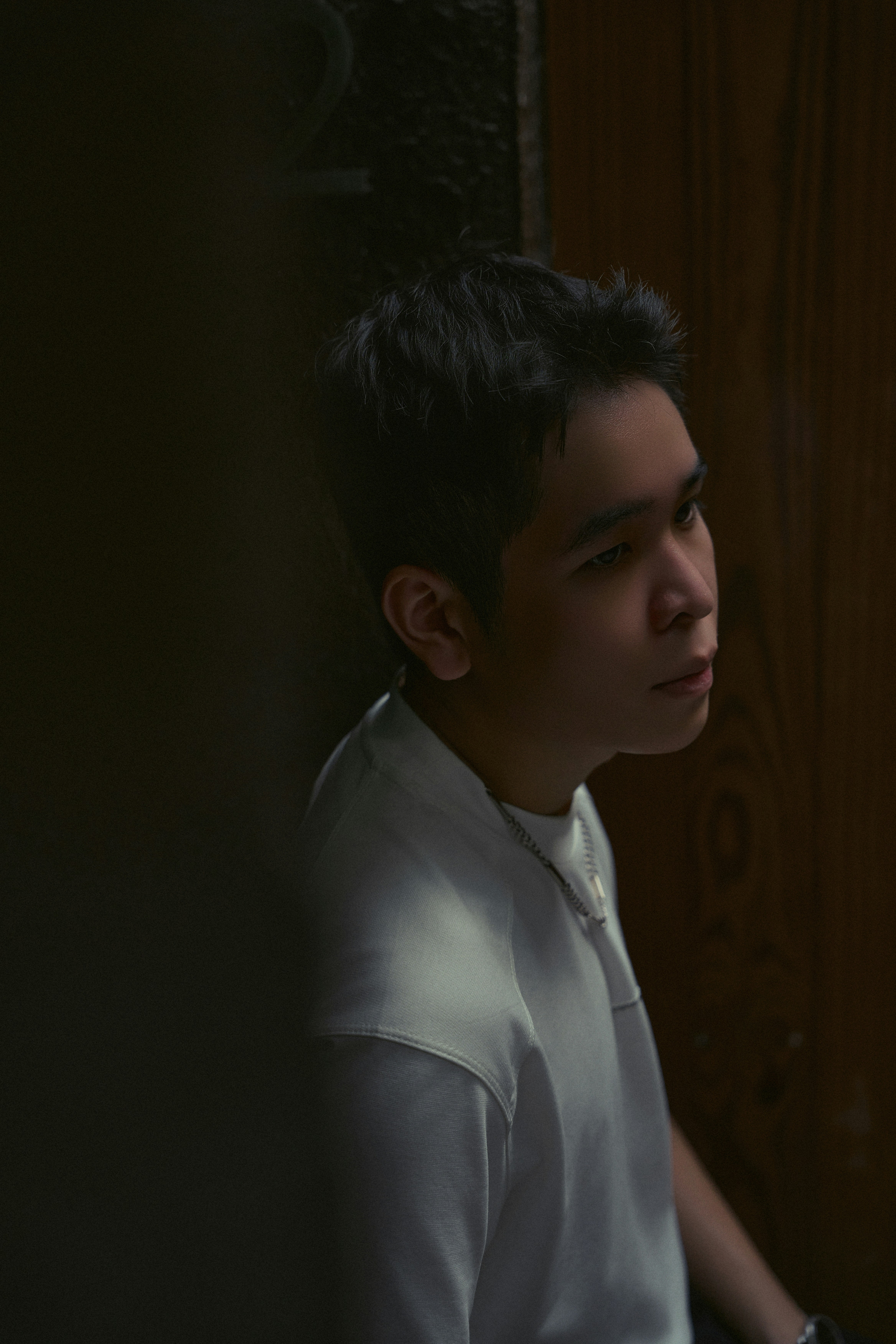 Quiet Office Portrait: A Sideward Gaze in Low Light