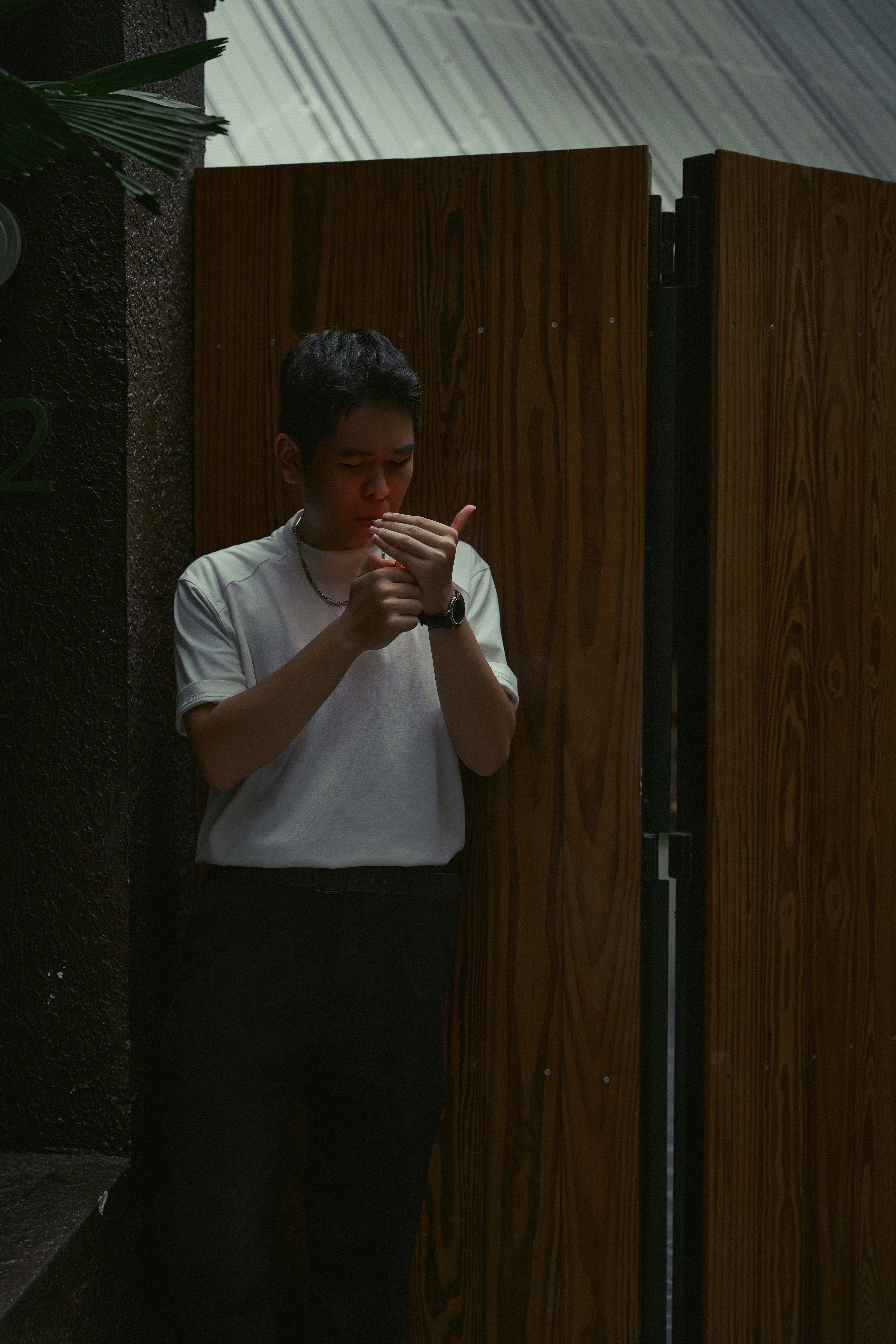 Lone Moment of Focus: Fingertip Sparks in the Gate’s Shadow