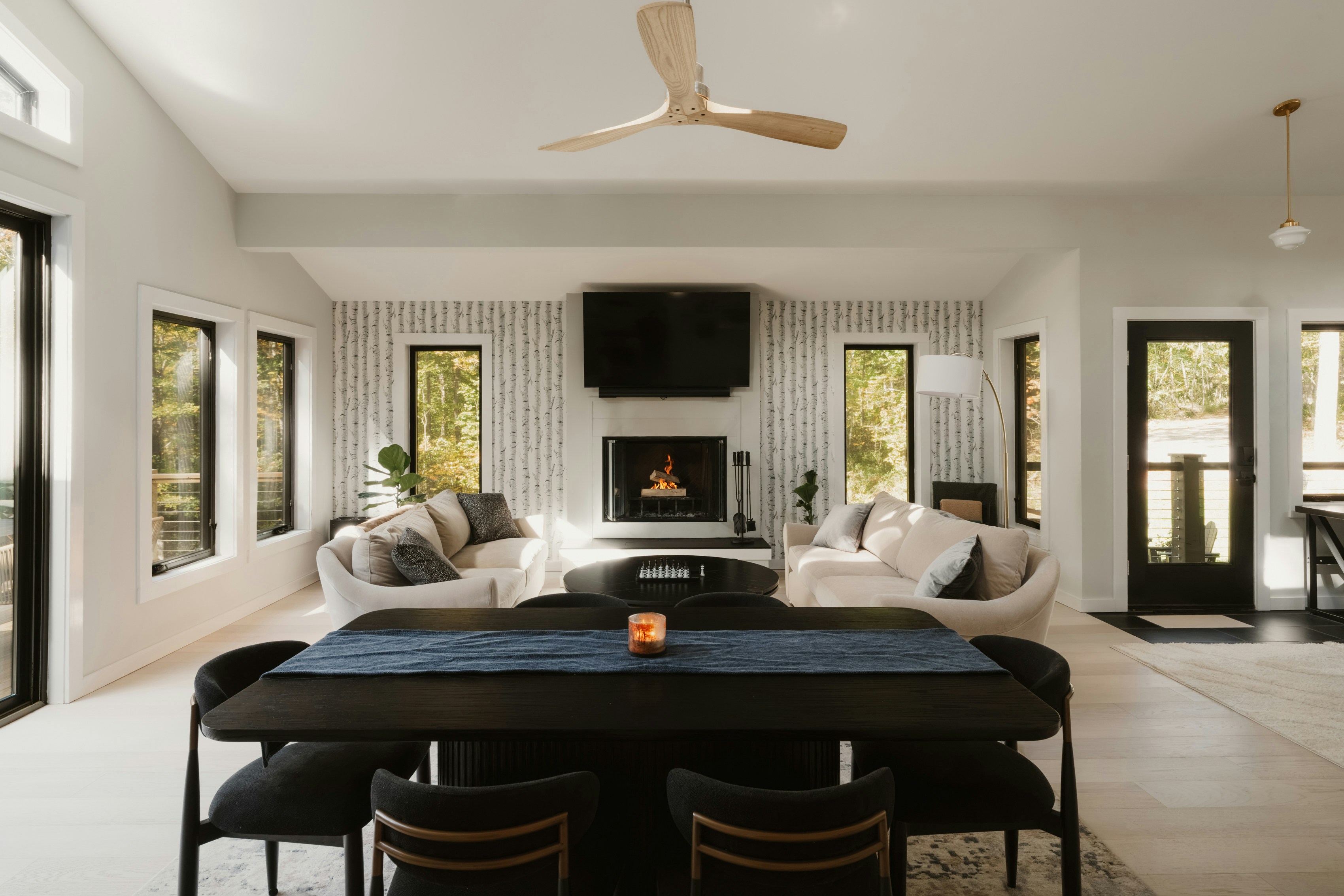 Central Living Room Oasis with Fireplace and Ceiling Fan