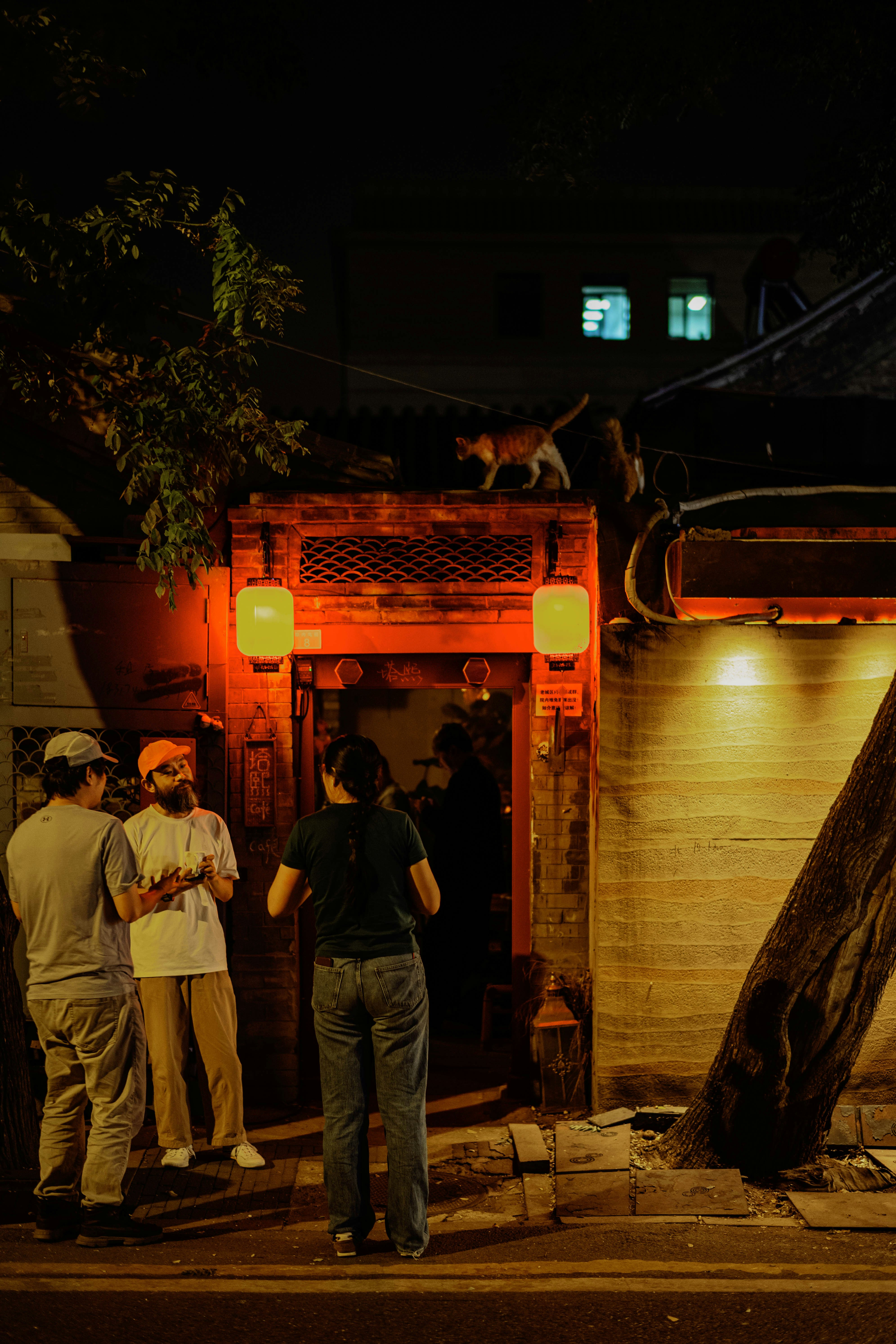 Night Market Entrance: Lantern Glow and Group of Friends