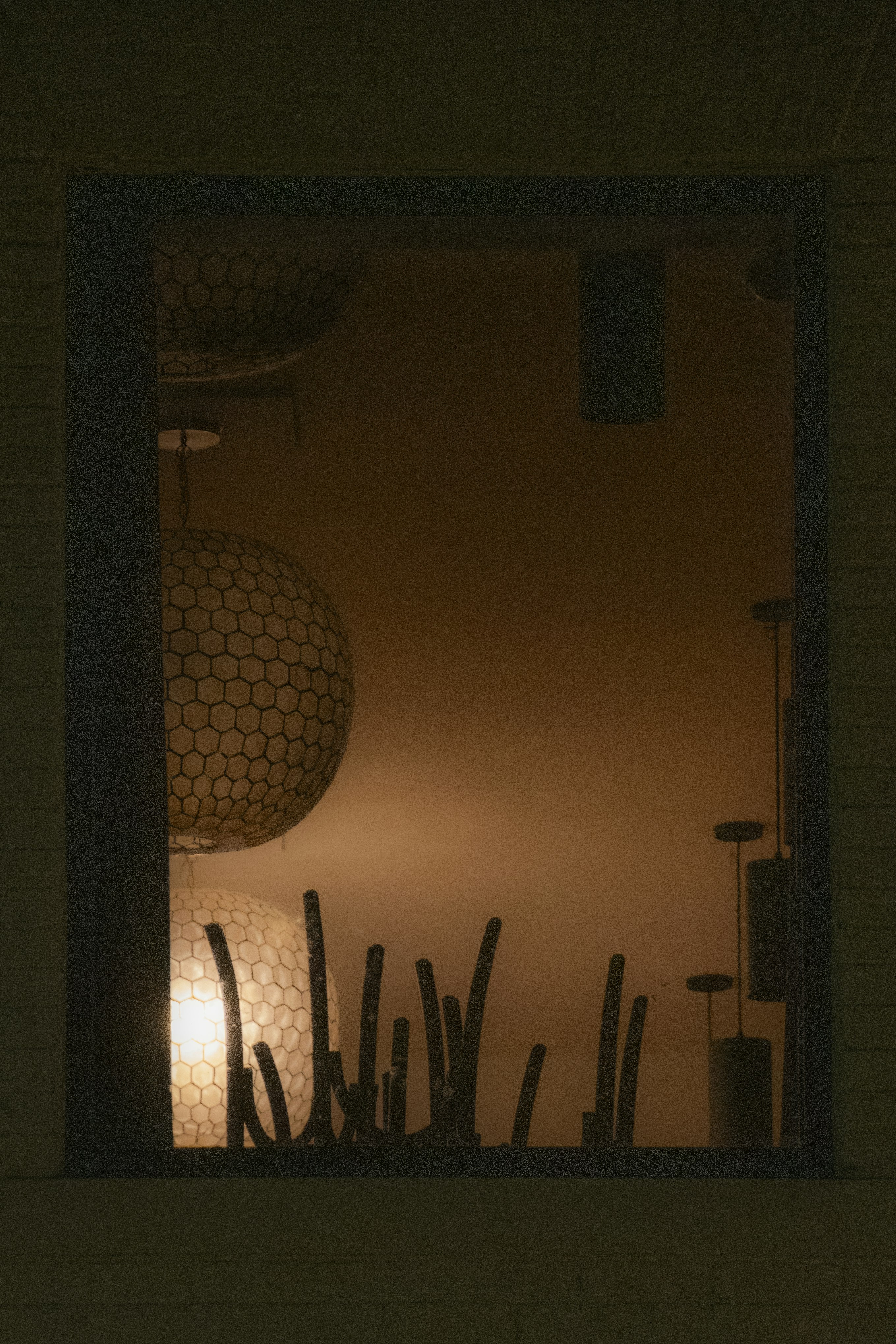 Through the Hex Mesh: Warm Orbs and Silhouetted Cacti in a Night Window