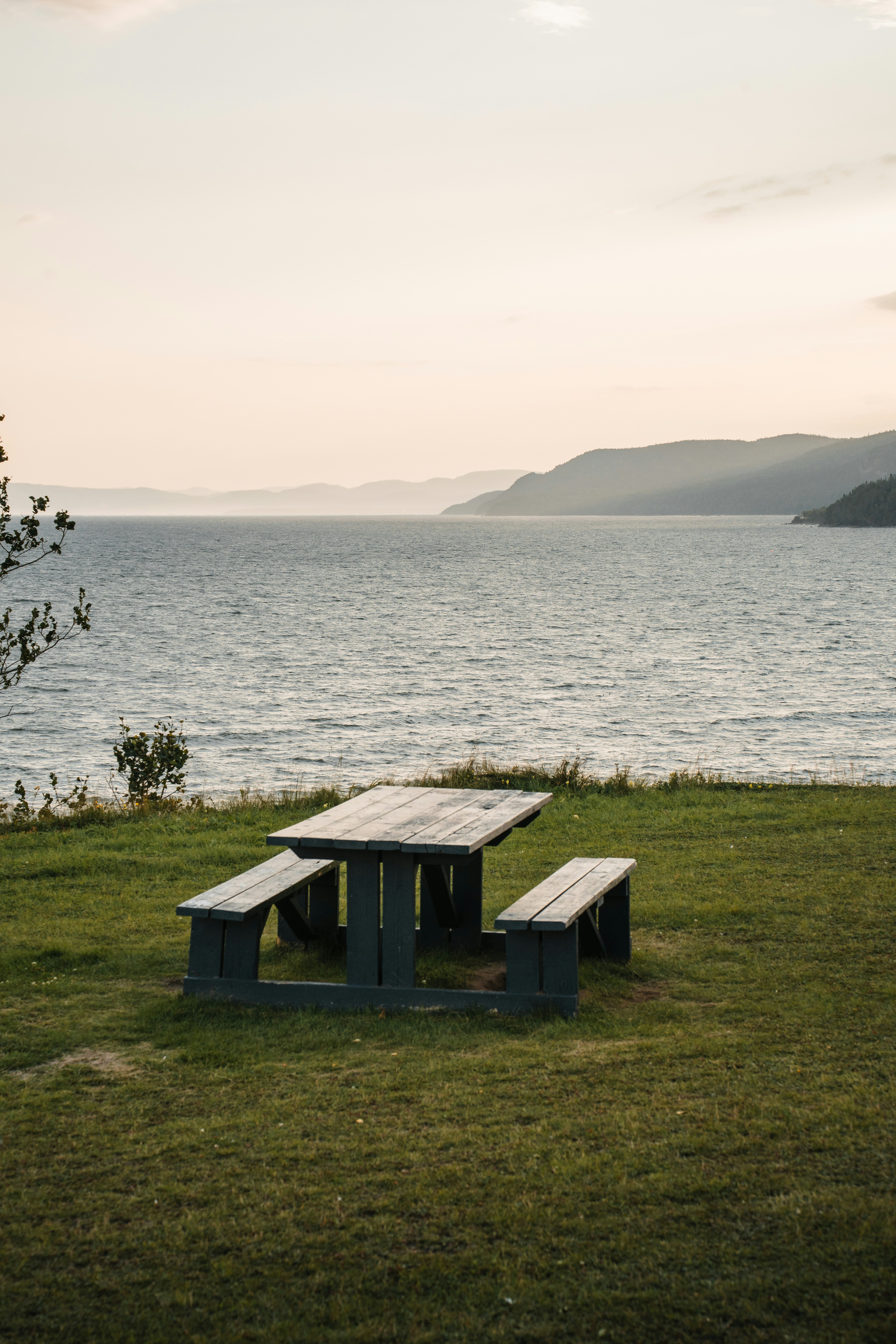 Sunlit Picnic by the Sea: Quiet Coastline with Weathered Tables