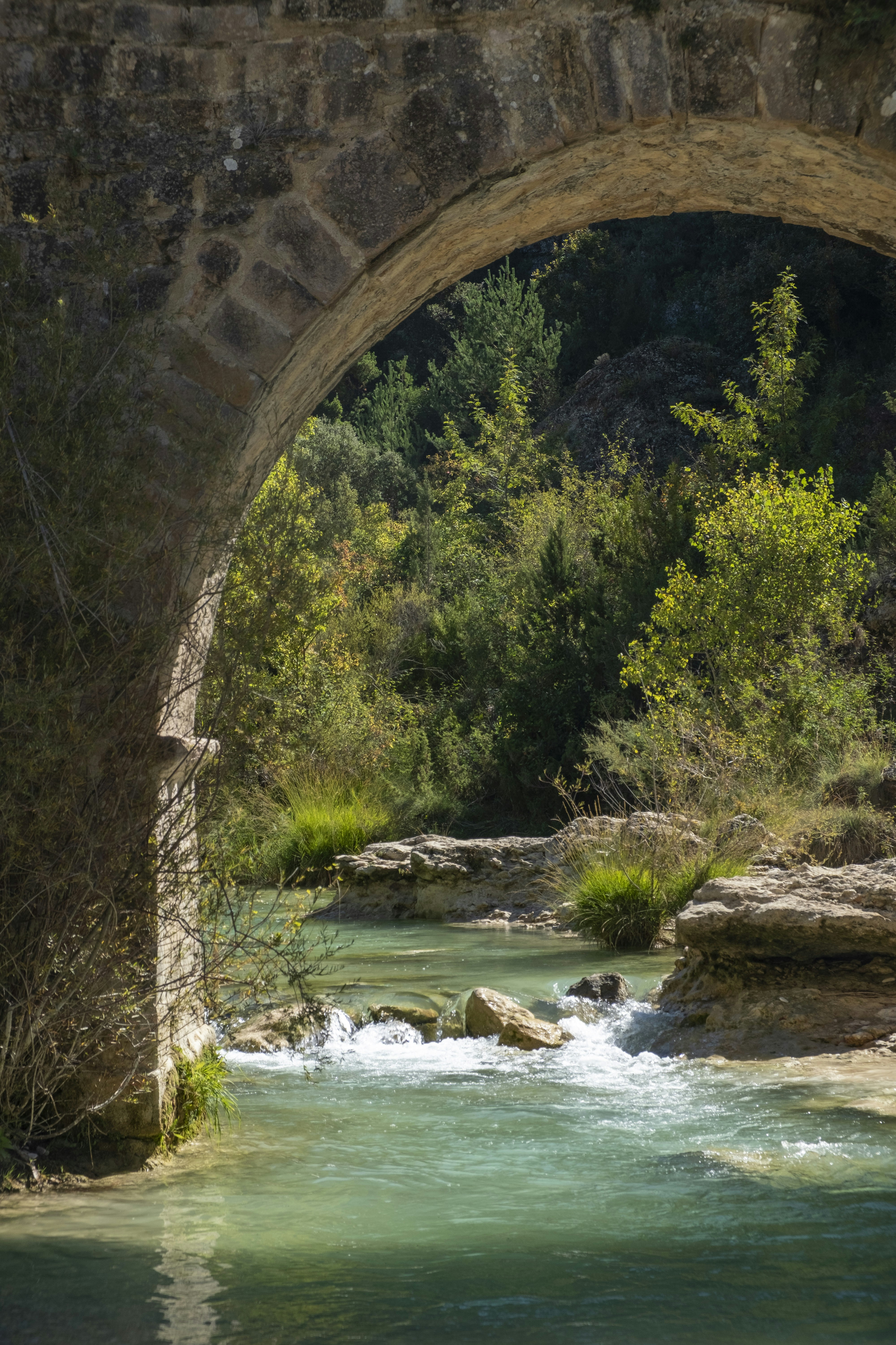 Arched Portal Over Turquoise River: Stone Bridge Framing a Lush Gorge