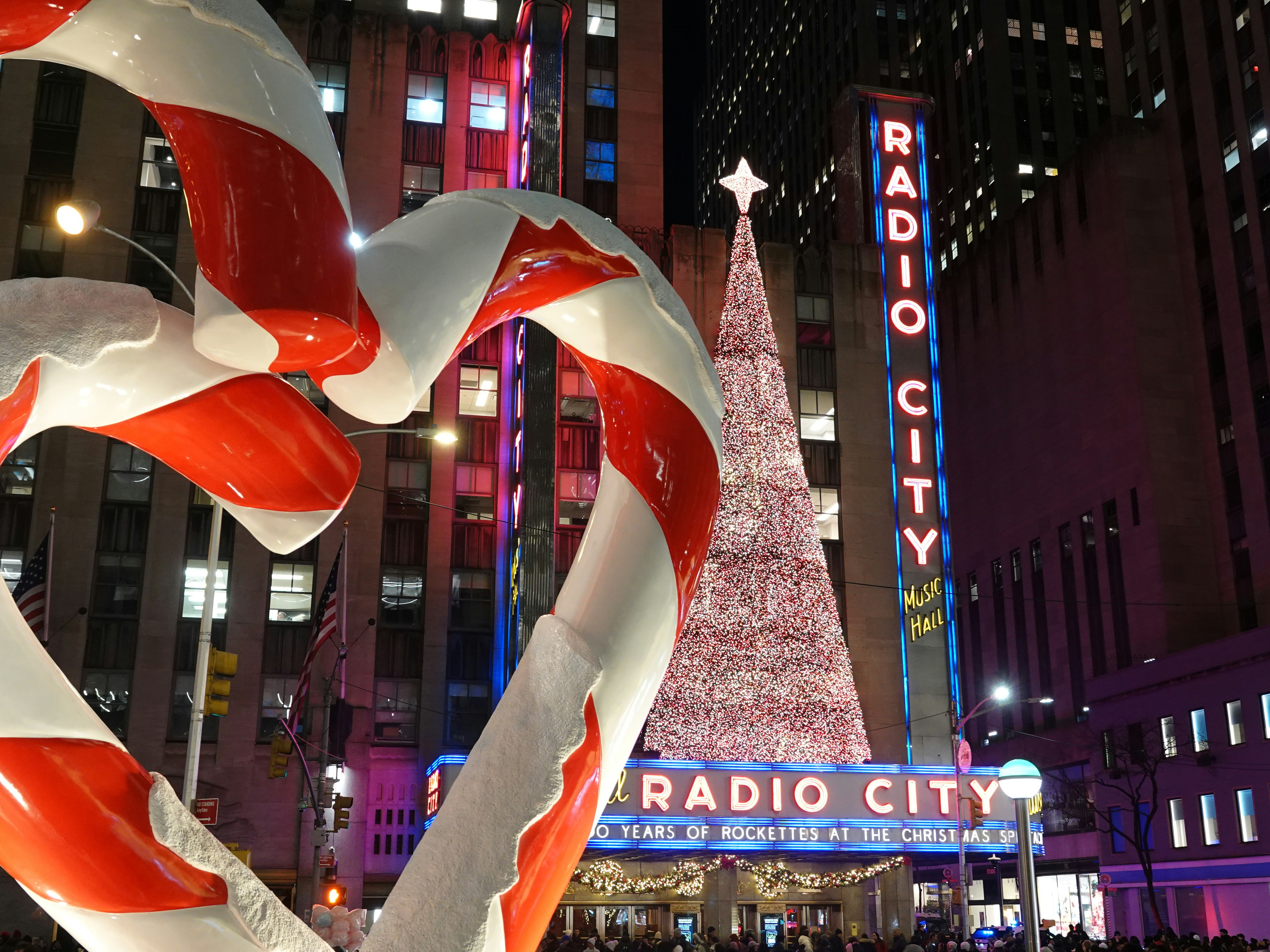 Candy Cane Spirals Guard a Neon Midnight at Radio City