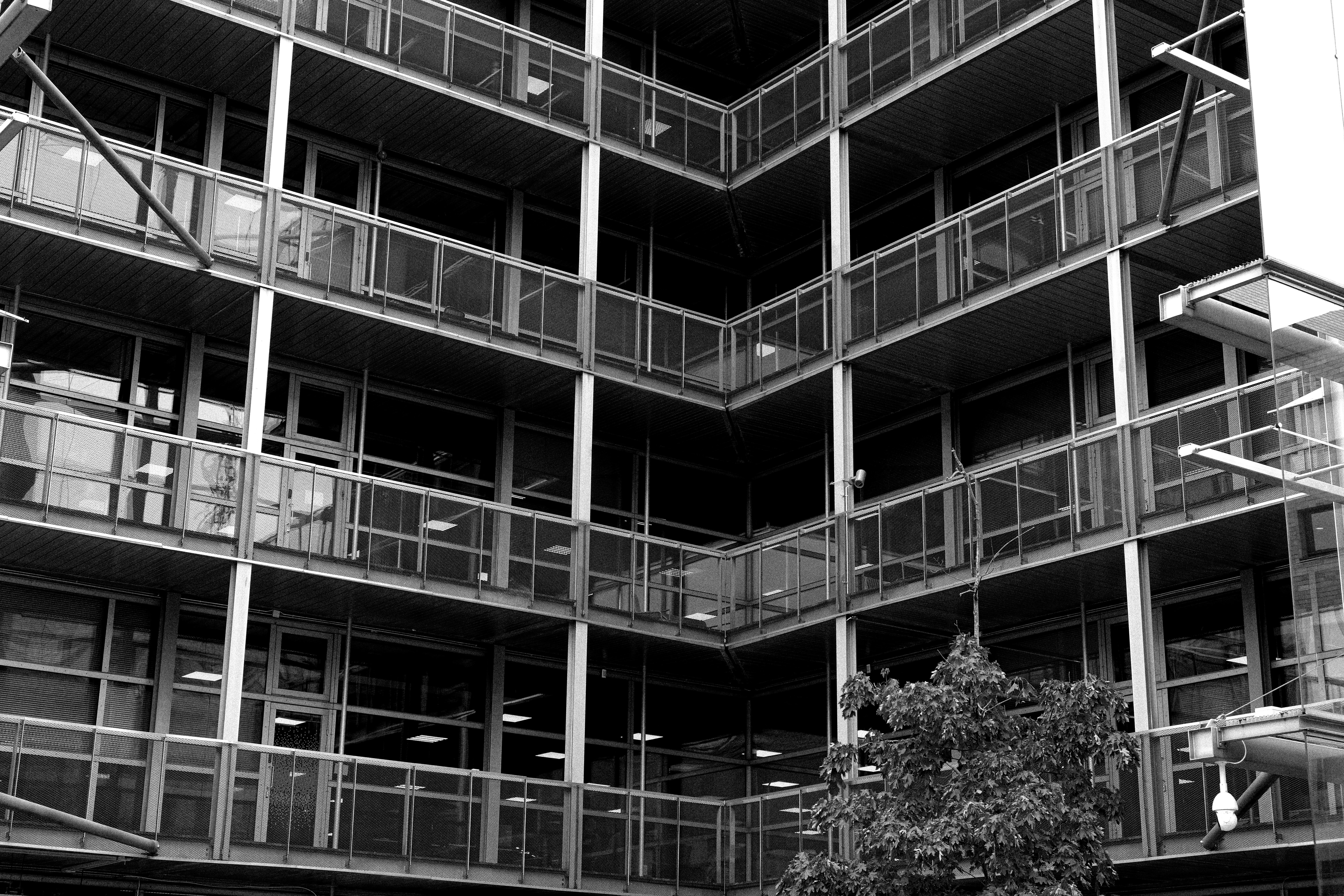 Geometric facade of a modernist building with layered walkways, metal railings, glass windows, and deep shadows, photographed in black and white. The repeating architectural lines create a strong abstract pattern, contrasted by a single tree in the courtyard.