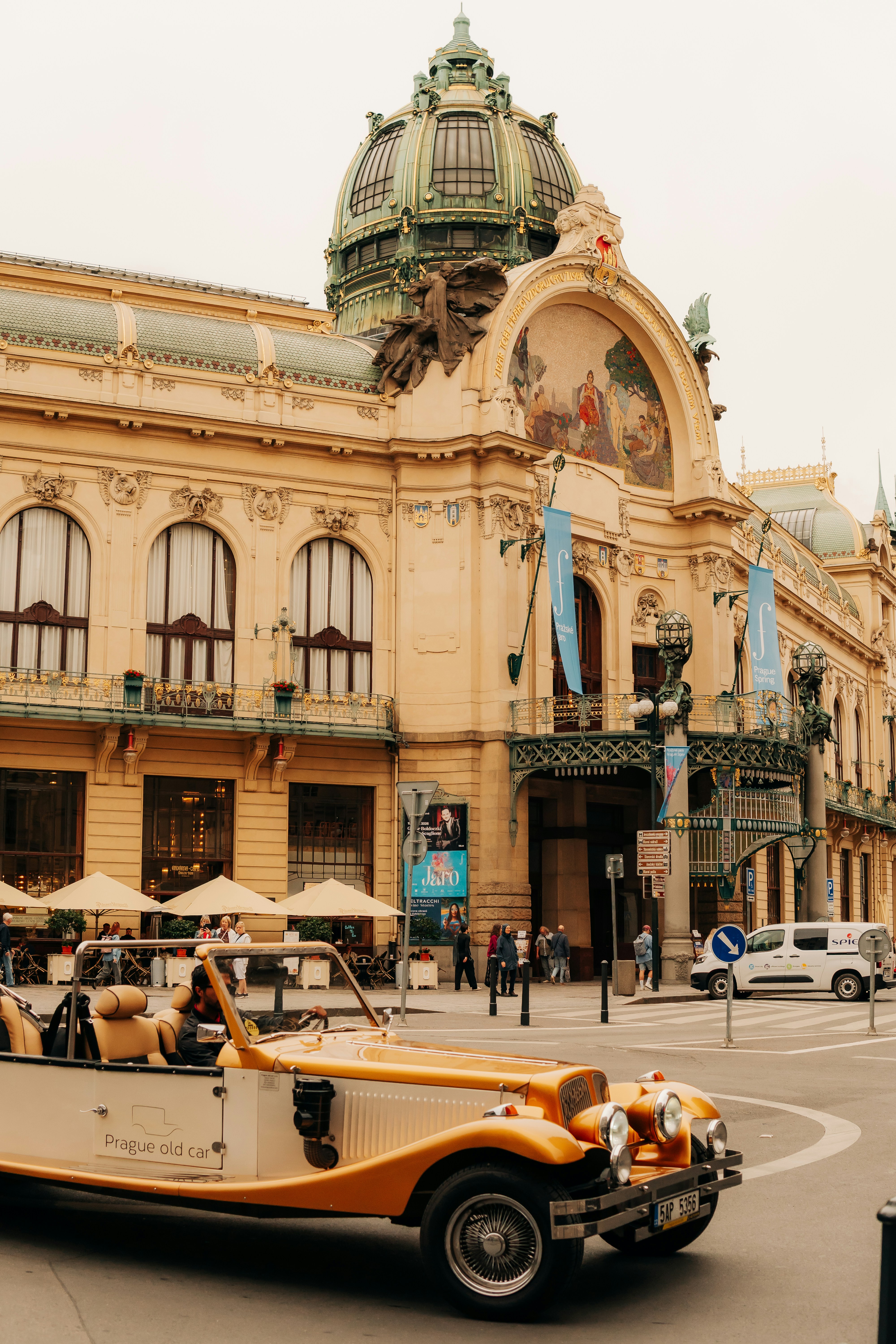 Art Nouveau Facade and vintage car at a grand city arcade