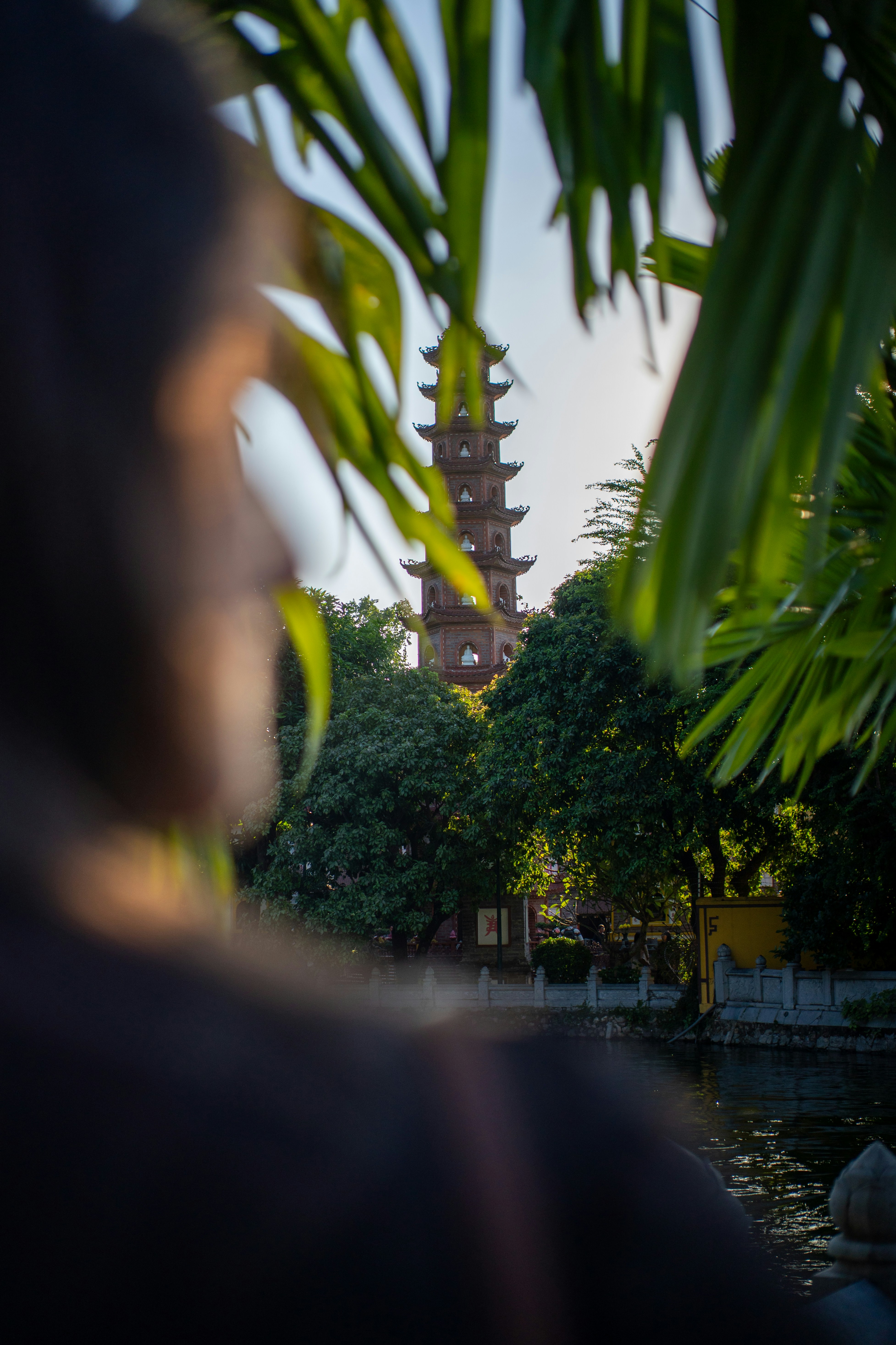 A distant pagoda peaks through lush greenery as a blurred foreground figure frames the scene, with water reflections along the bank.