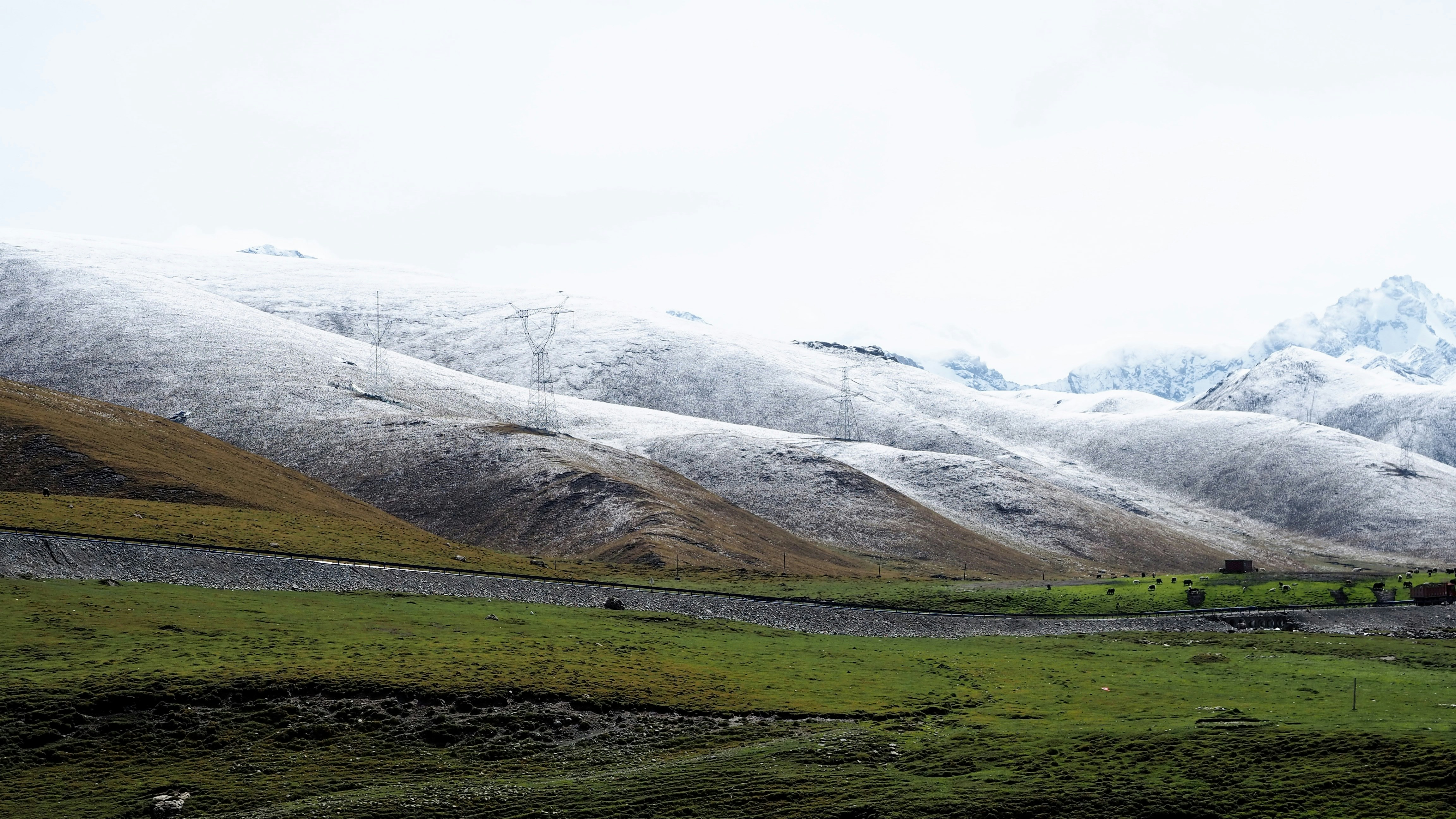 Snow-kissed foothills under a pale dawn over a verdant plain