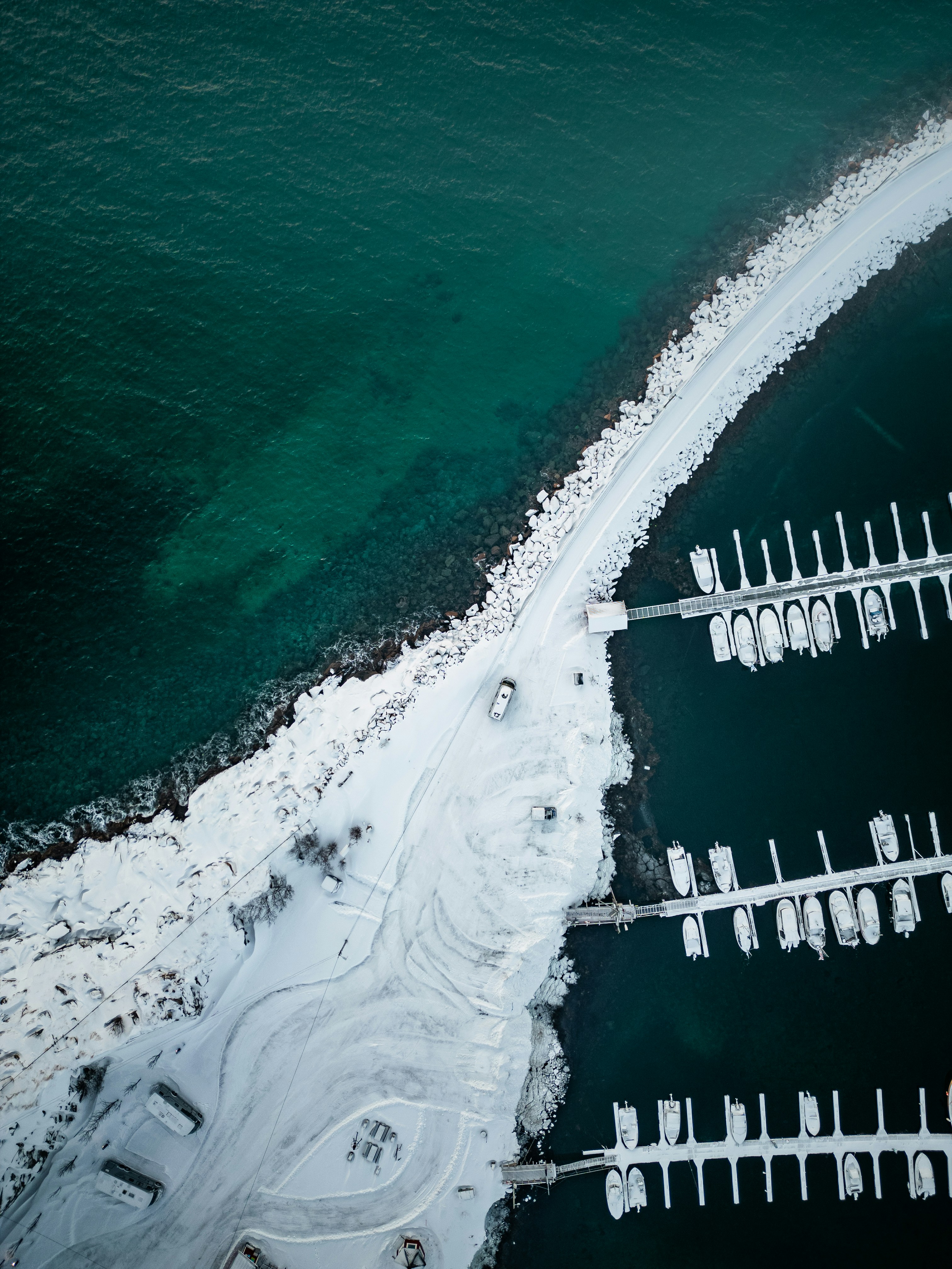 Snowbreak at the Breakwater: Aerial Marina Slice
