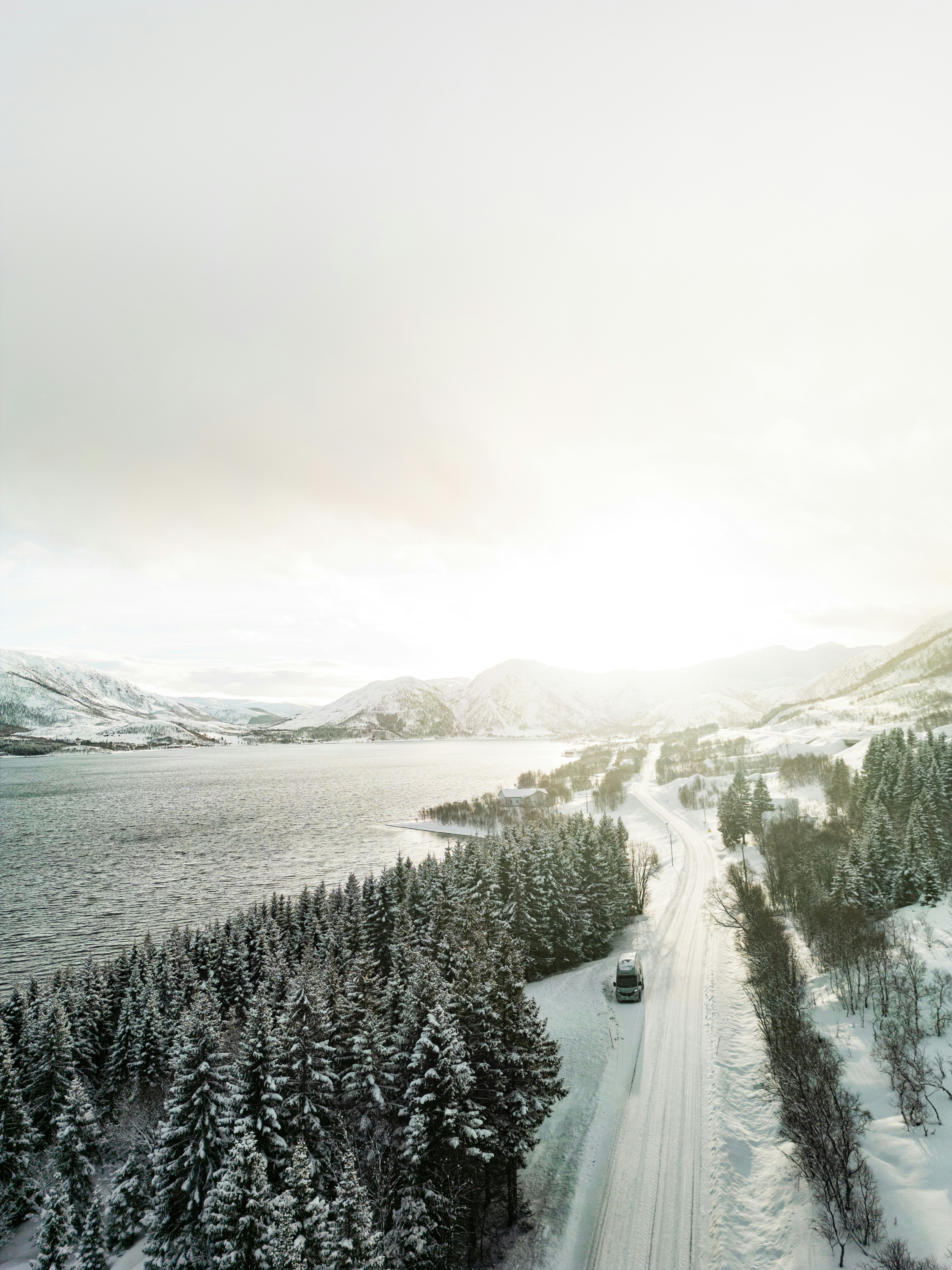 Snow-covered road snakes through a pine forest toward sunlit mountains by a calm lake.