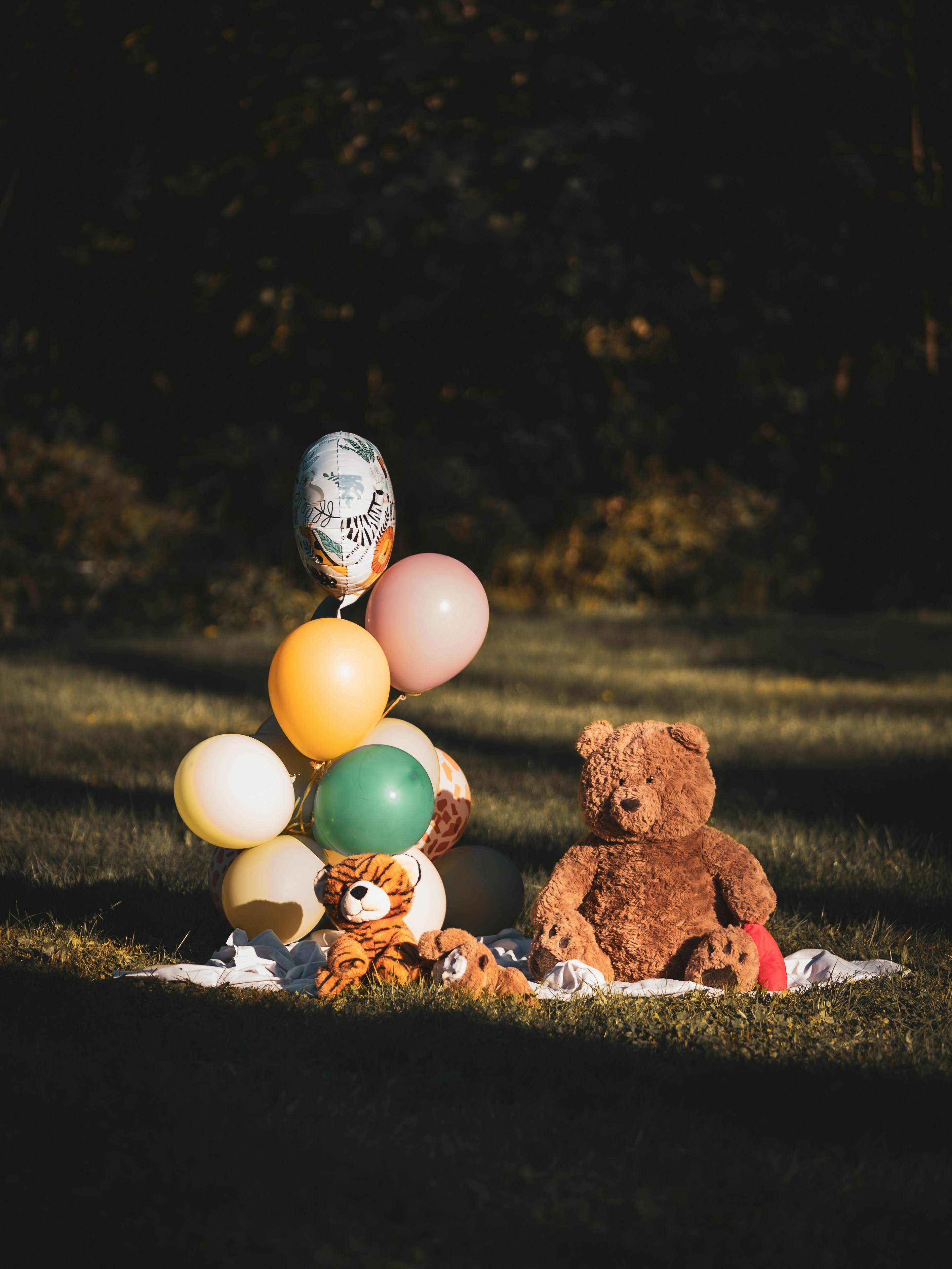 Soft Spotlight on a Birthday Spread: Balloons, Teddy, and Plush Tiger