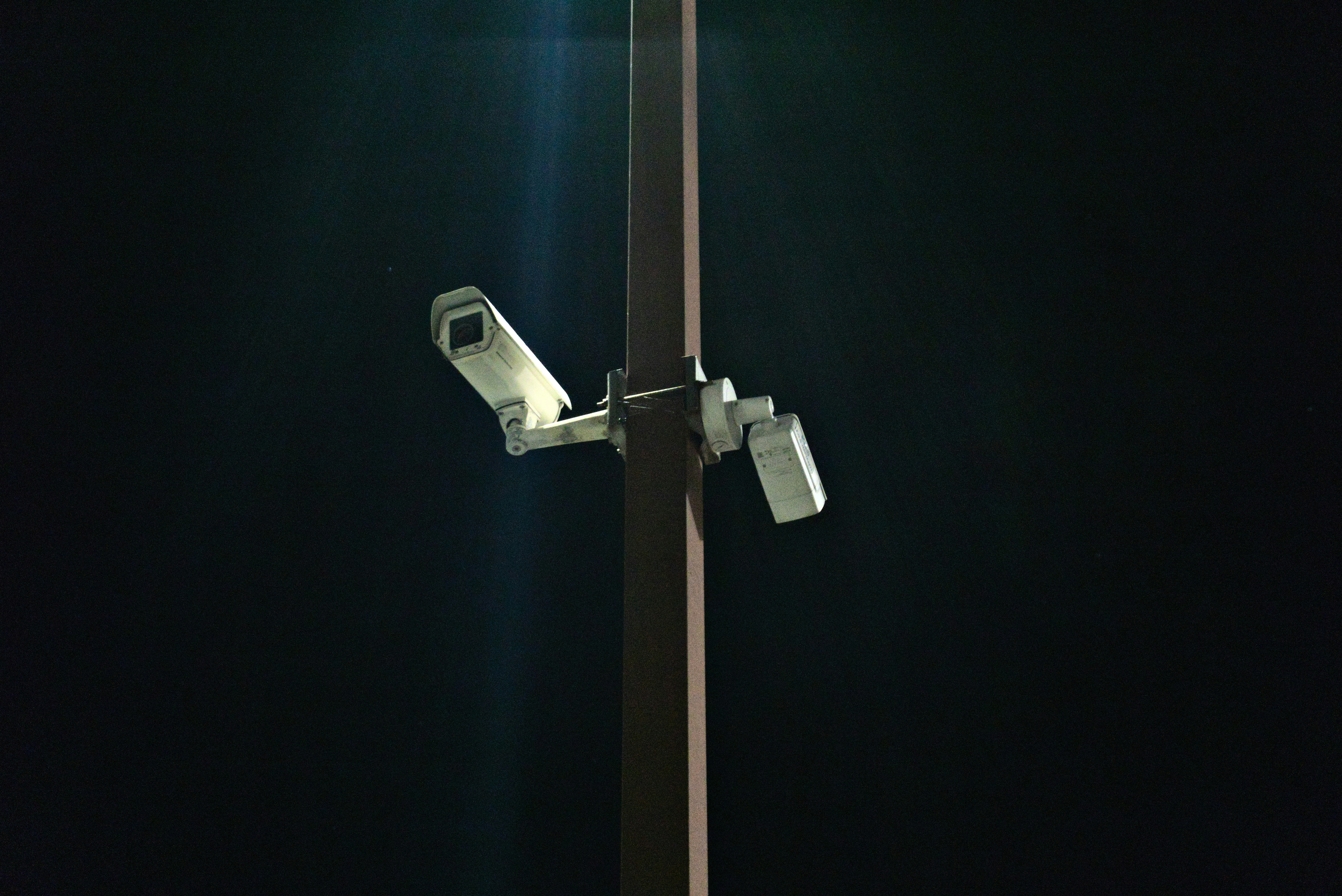 Midnight Sentinel: Dual CCTV Lamps Framed by a Central Mast