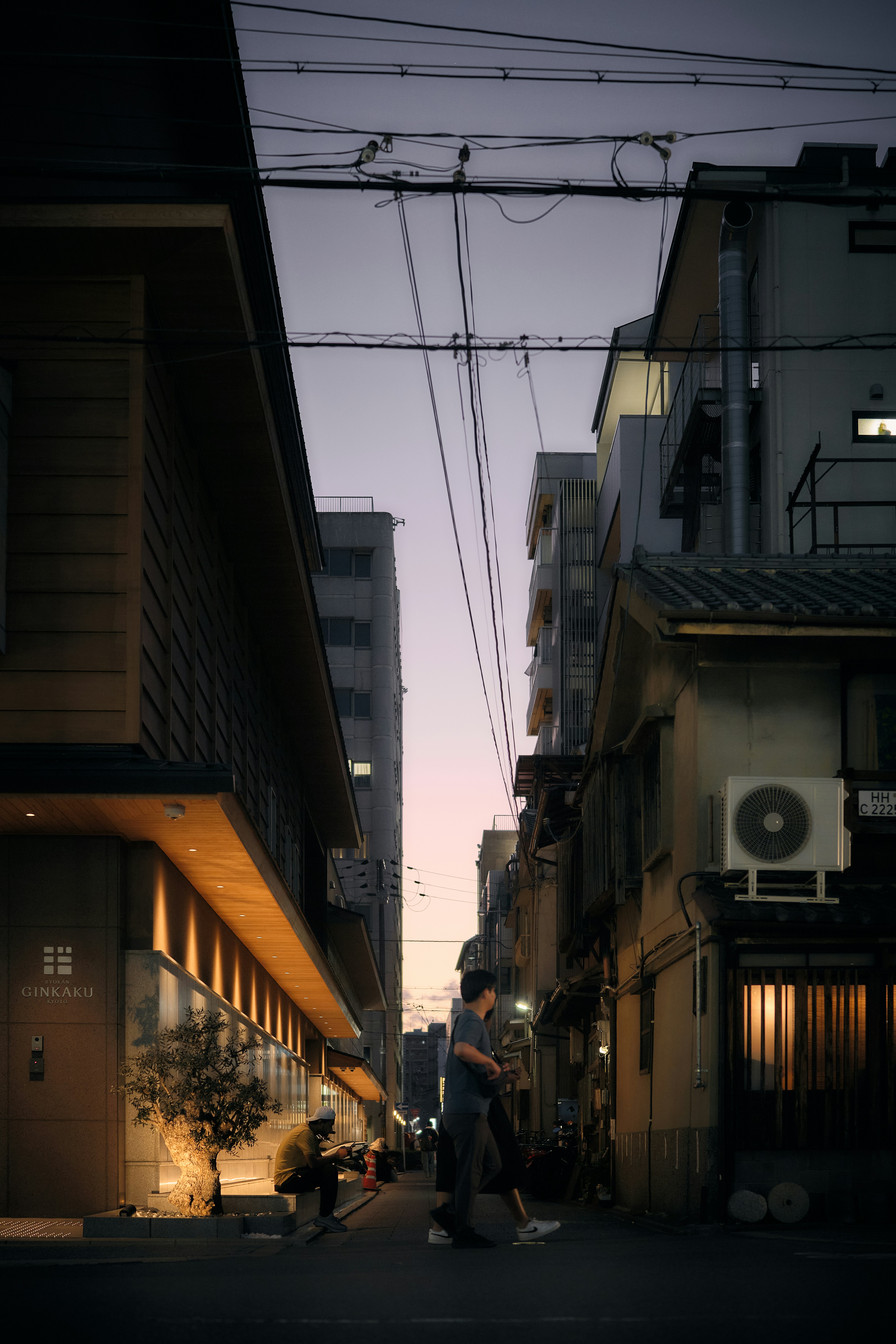 Dusk in the Alleyway: Quiet Foot Traffic Beneath Neon Wires