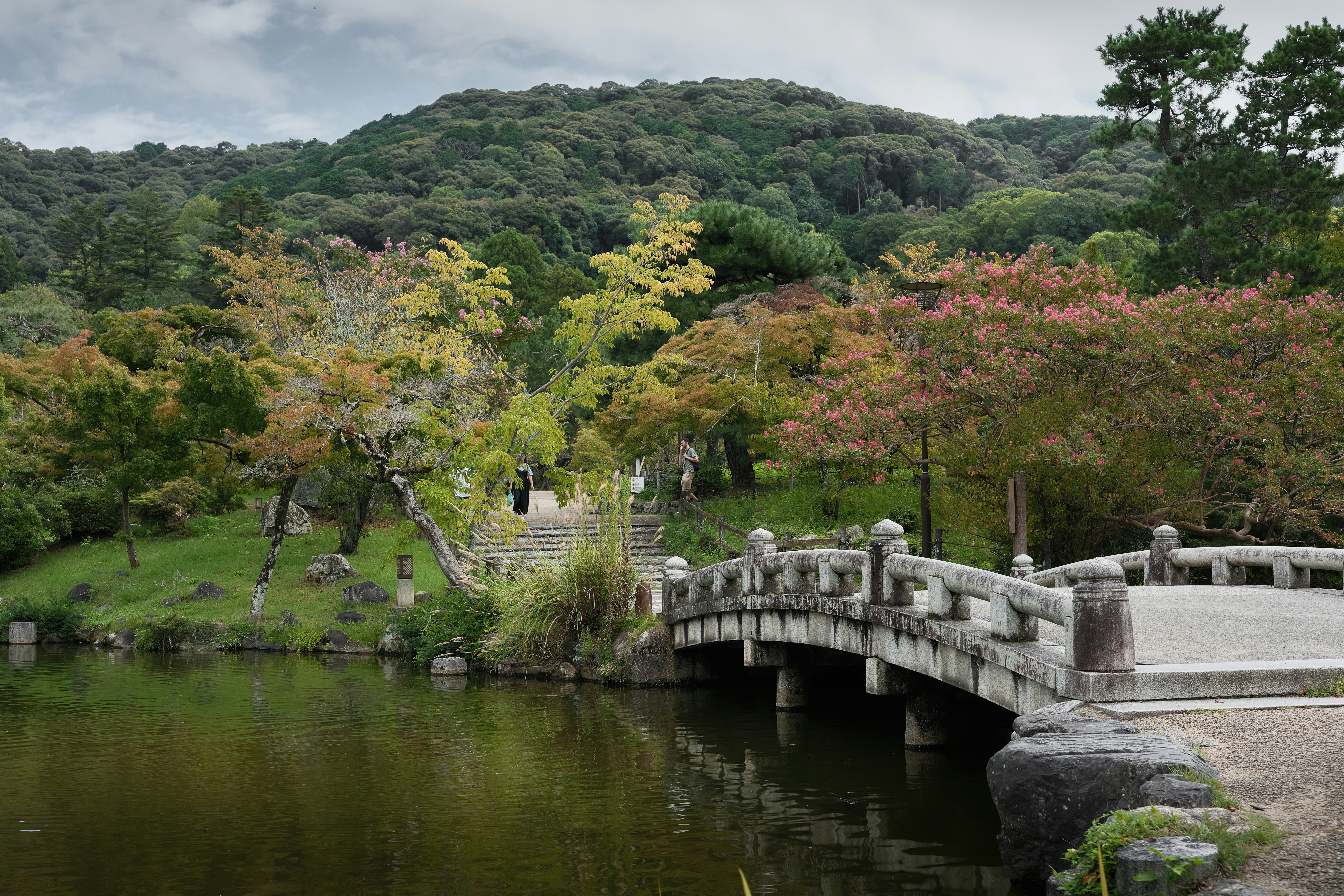 Stone bridge spans a calm pond with colorful autumn trees and distant steps leading into a park. A serene landscape scene featuring water, greenery, and soft light.