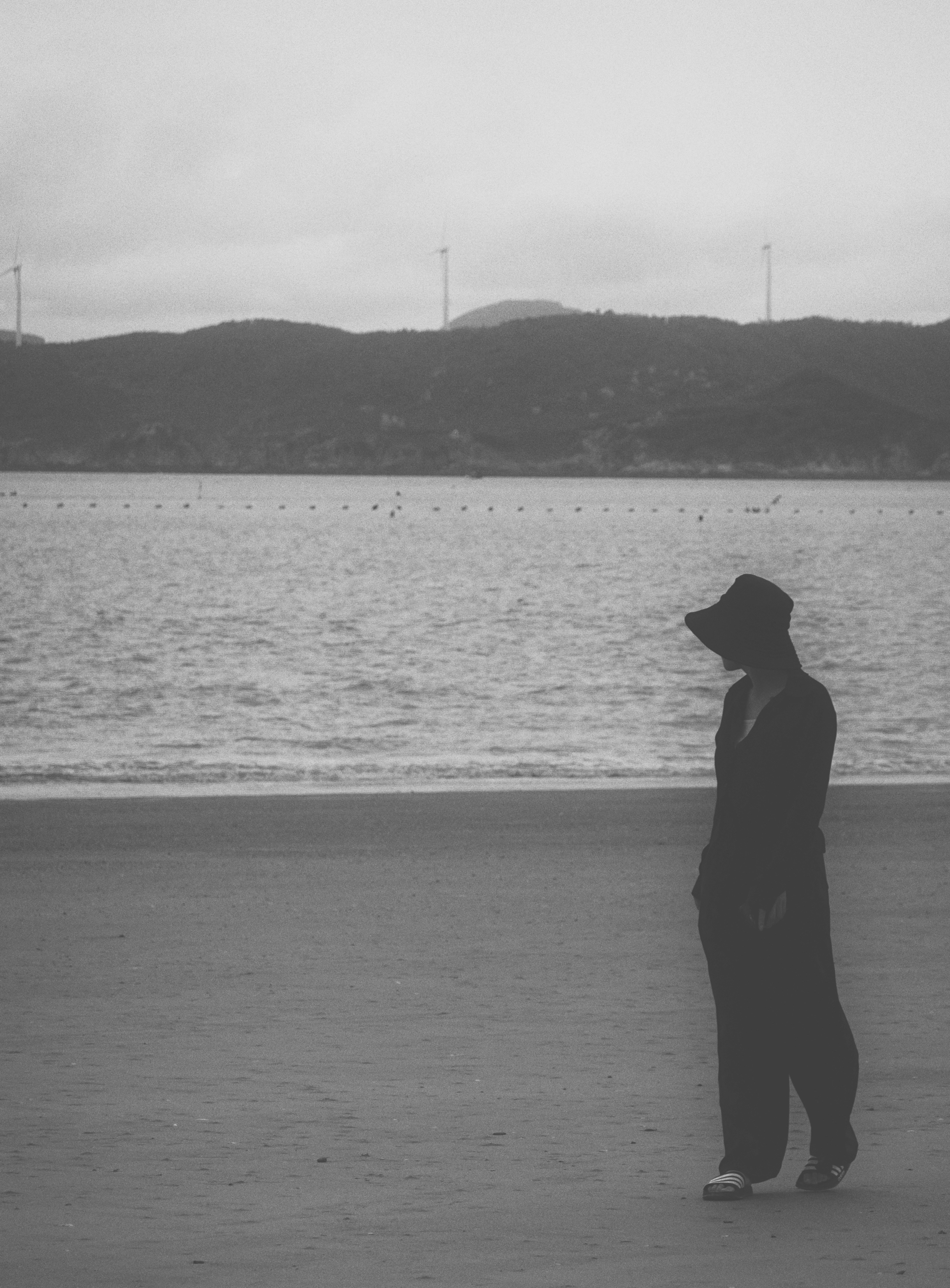 Silhouetted wanderer at the shoreline under a calm horizon