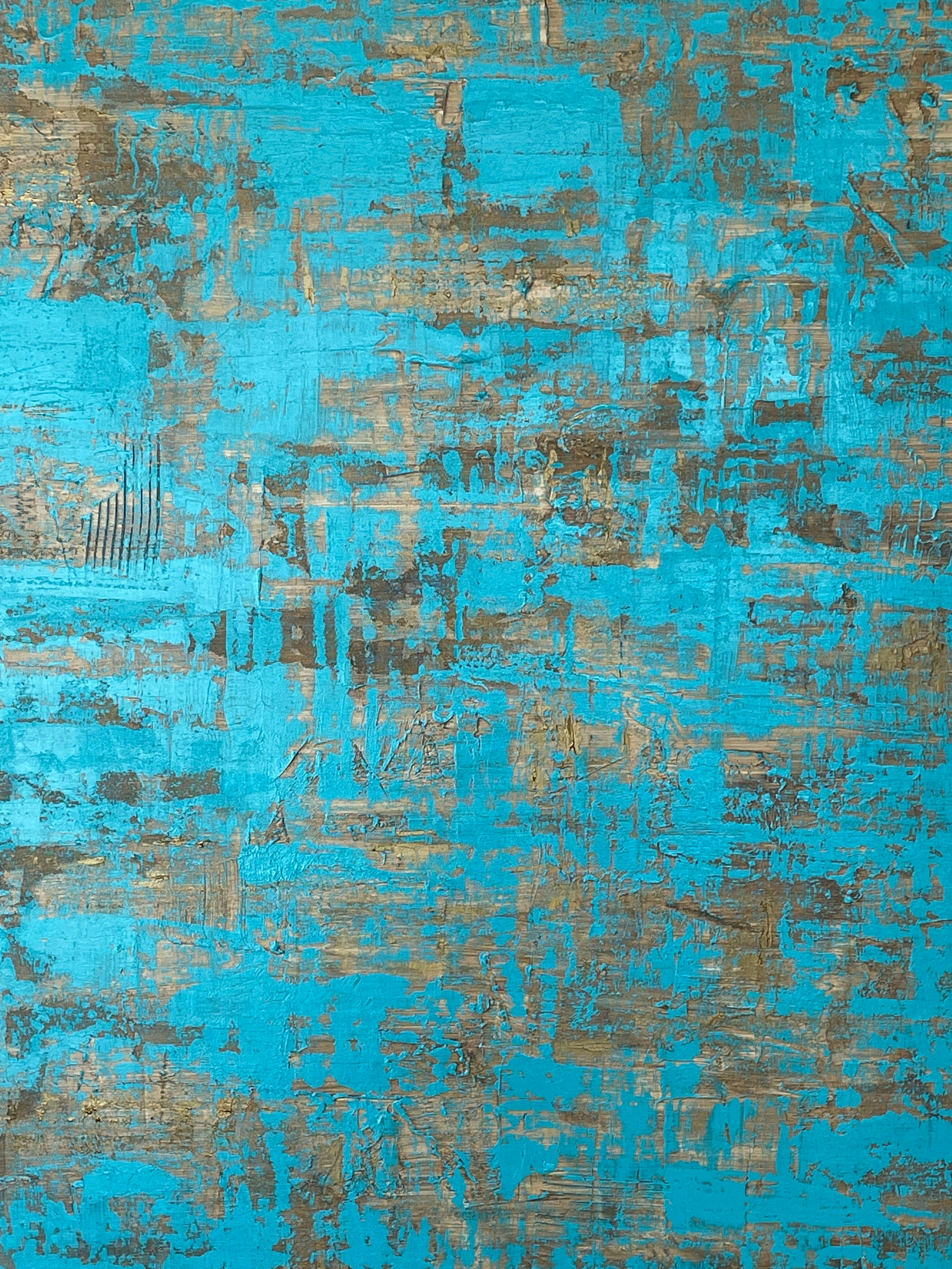 Bright turquoise abstract texture with weathered brown undertones and layered patterns; a close-up of painted surface showing distressed, layered strokes and chipped patches.