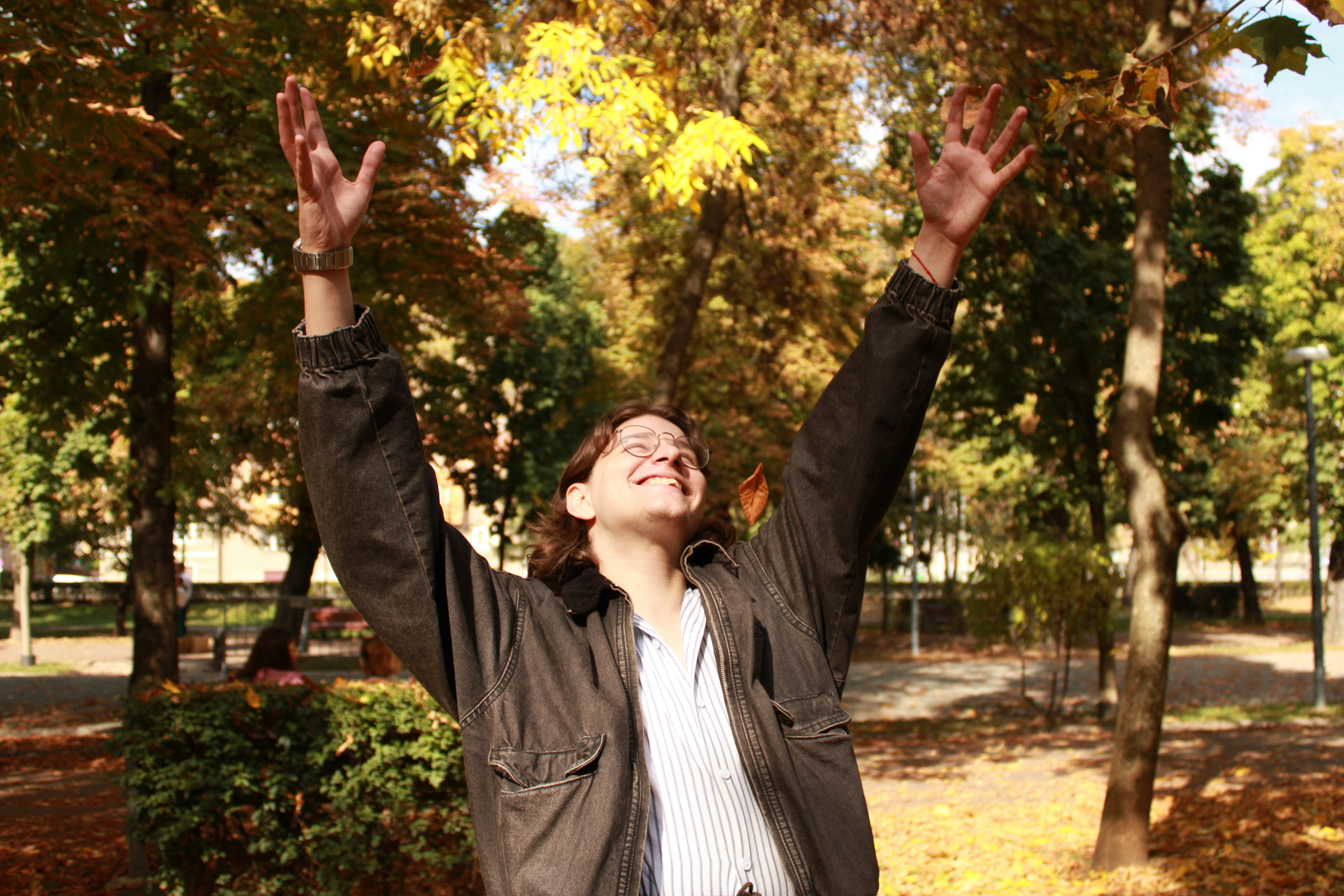 Energetic portrait of a man raising arms in a sunlit autumn park, leaves in warm tones creating a radiant backdrop. Photograph shows candid emotion and outdoor context.