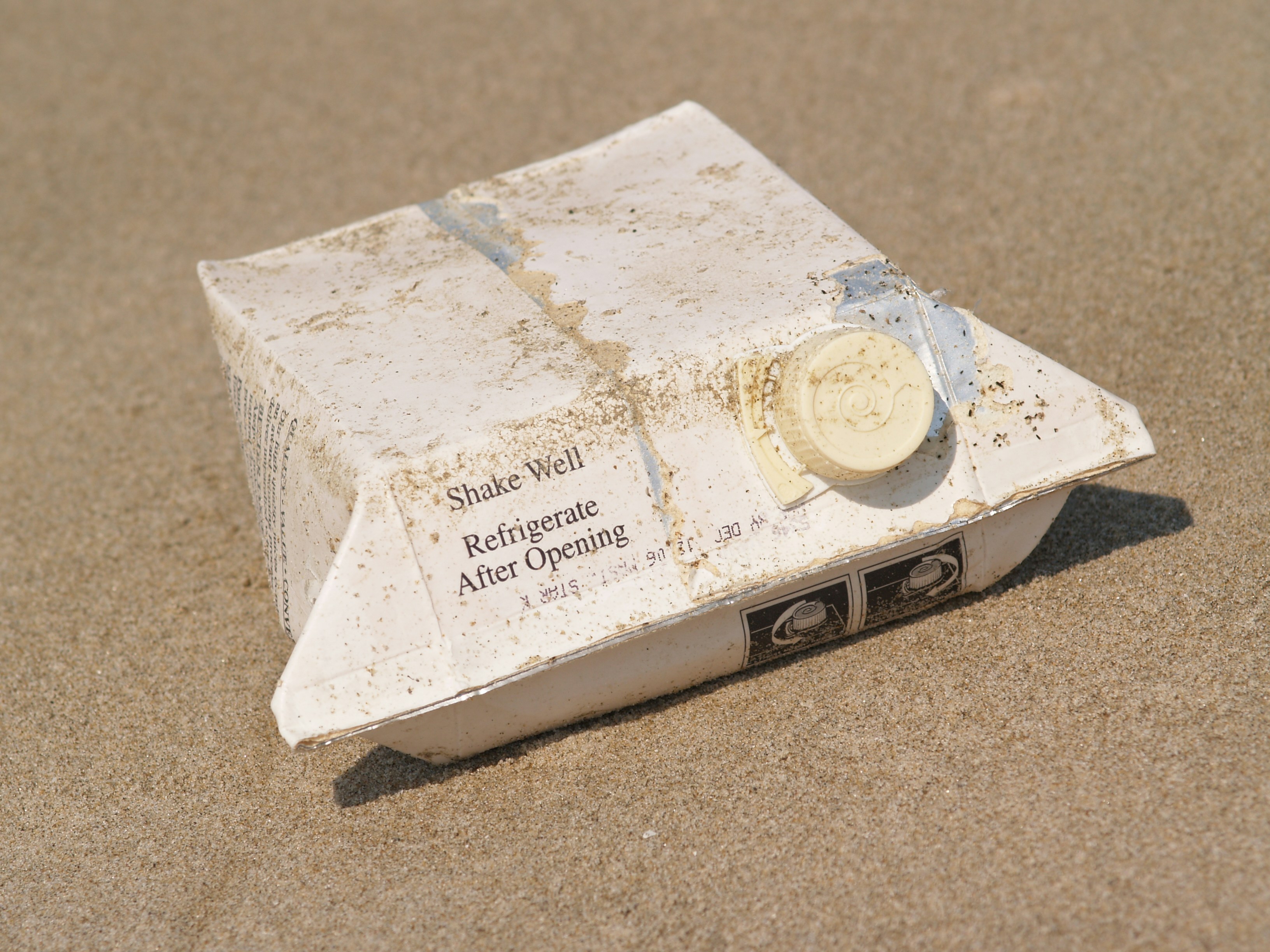 Dirt-smudged carton lies partially buried in sunlit beach sand, with a faded seal and text visible on its side. This coastal scene emphasizes weathered packaging abandoned to nature.