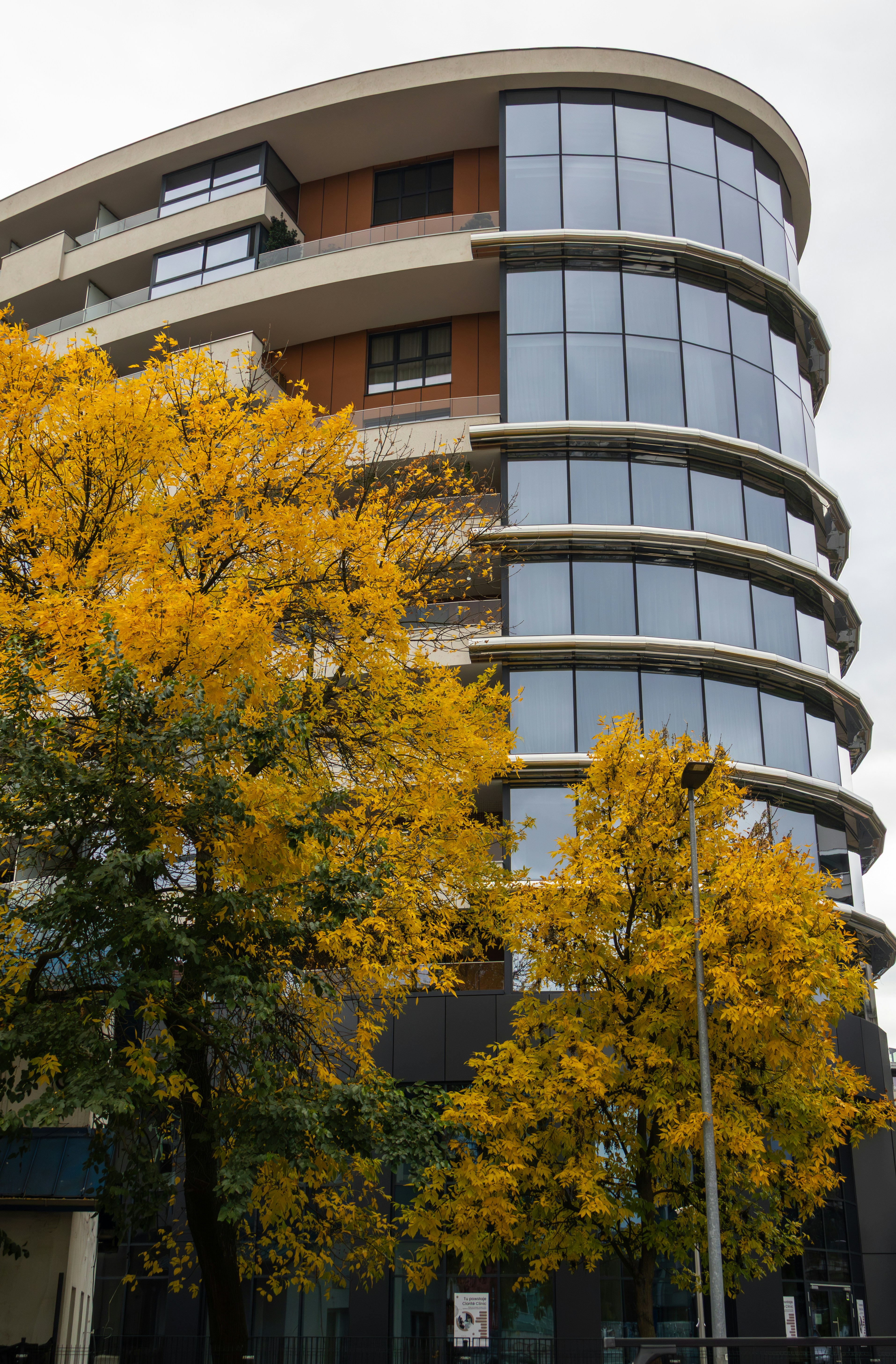 Sunlit modern building with curved glass balconies rises behind a canopy of bright autumn trees using a vertical street-level view. The scene emphasizes architectural lines and seasonal color contrasts.