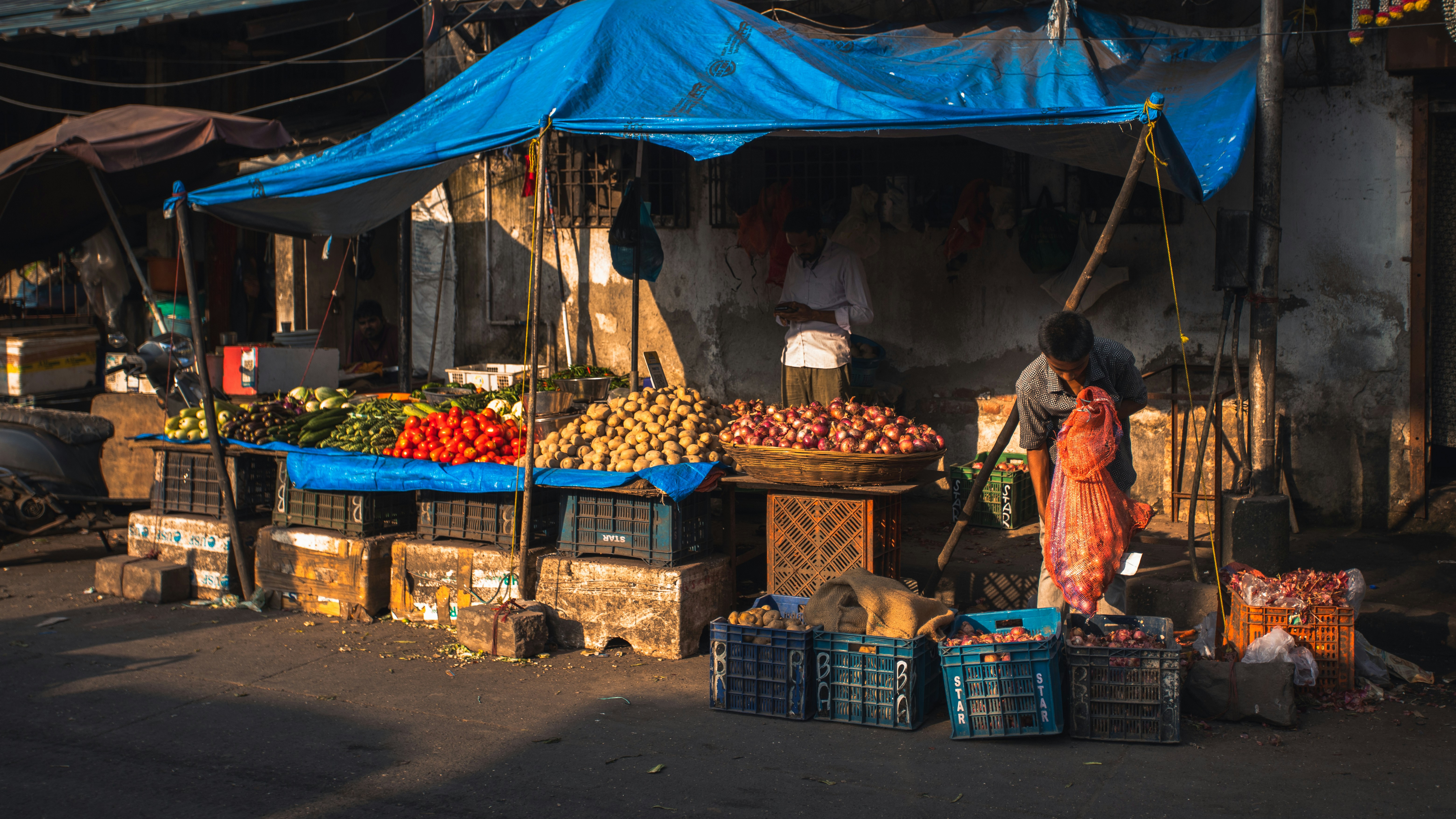 Sunlit Market Stalls Under a Blue Canopy