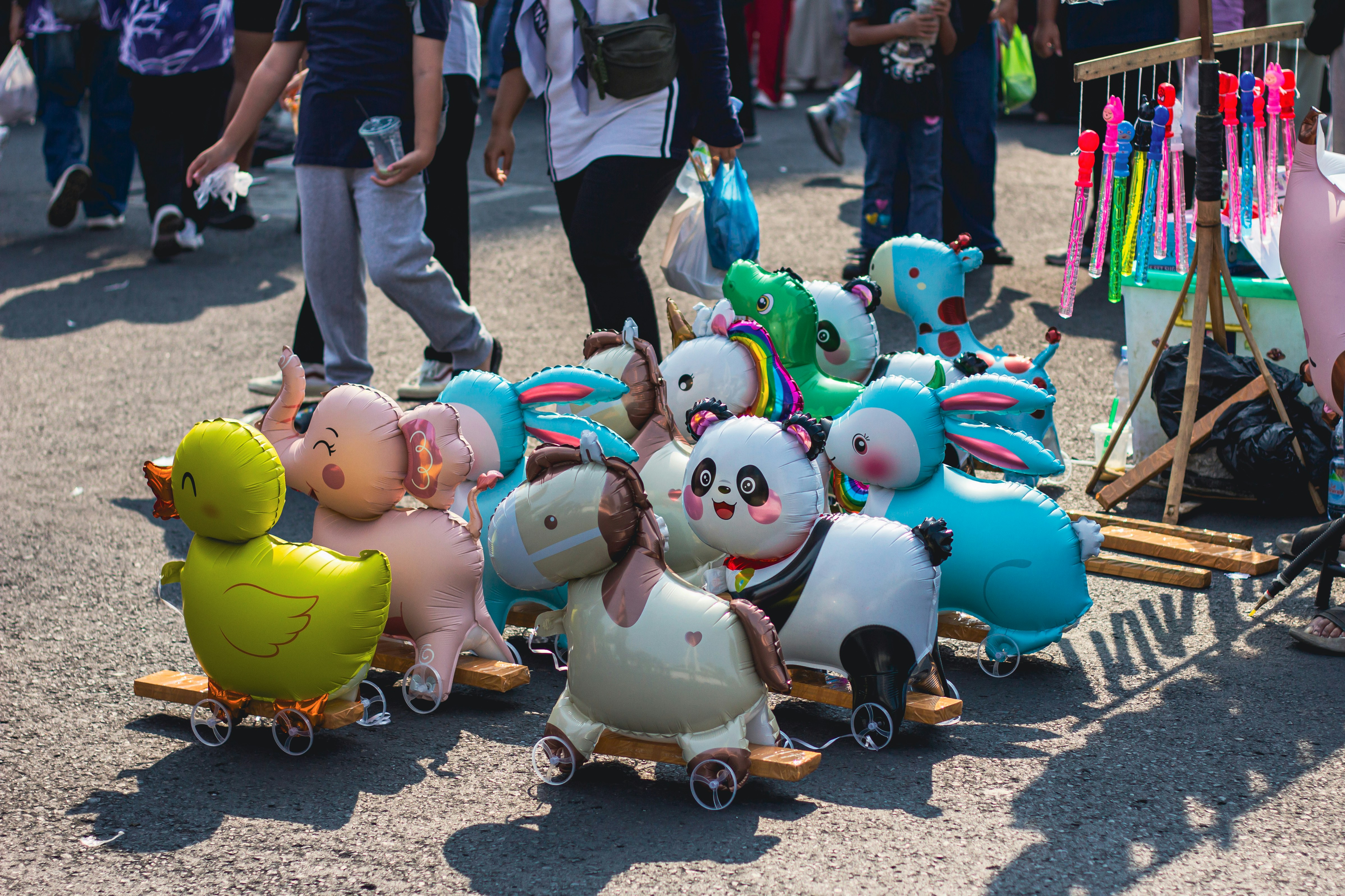 Floating Parade of Plush Roller Ducks at a Street Market