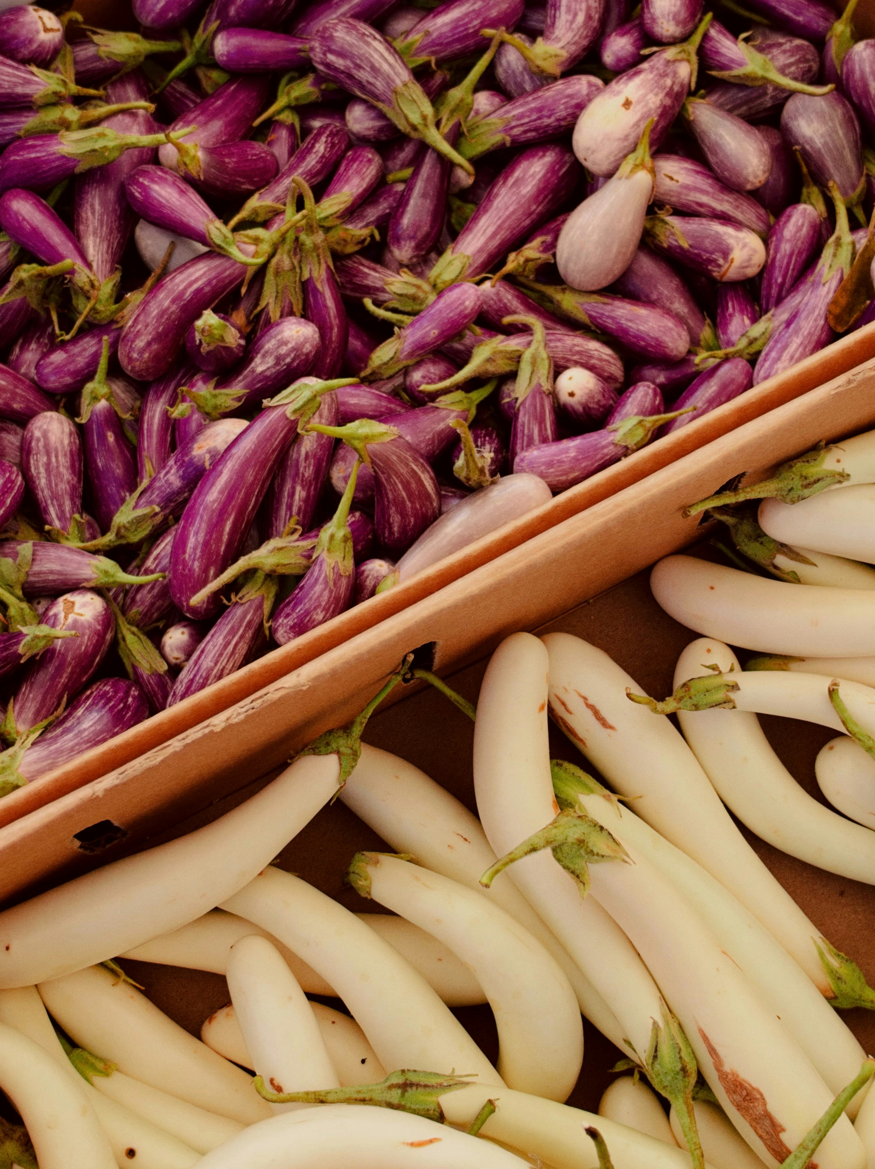 A crate of purple striped eggplants beside a crate of long white eggplants