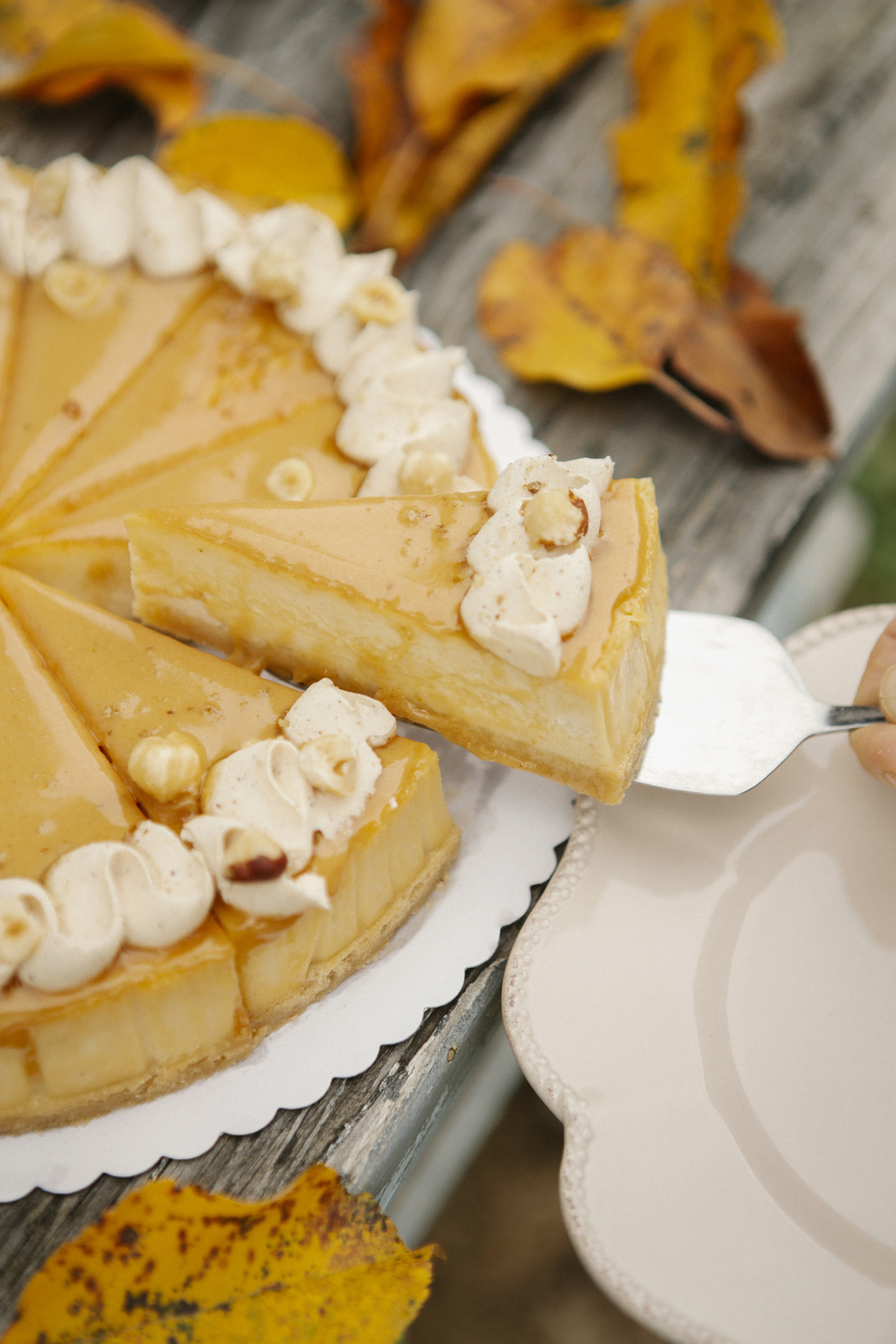 Caramel Slice on a Rustic Table with Autumn Leaves