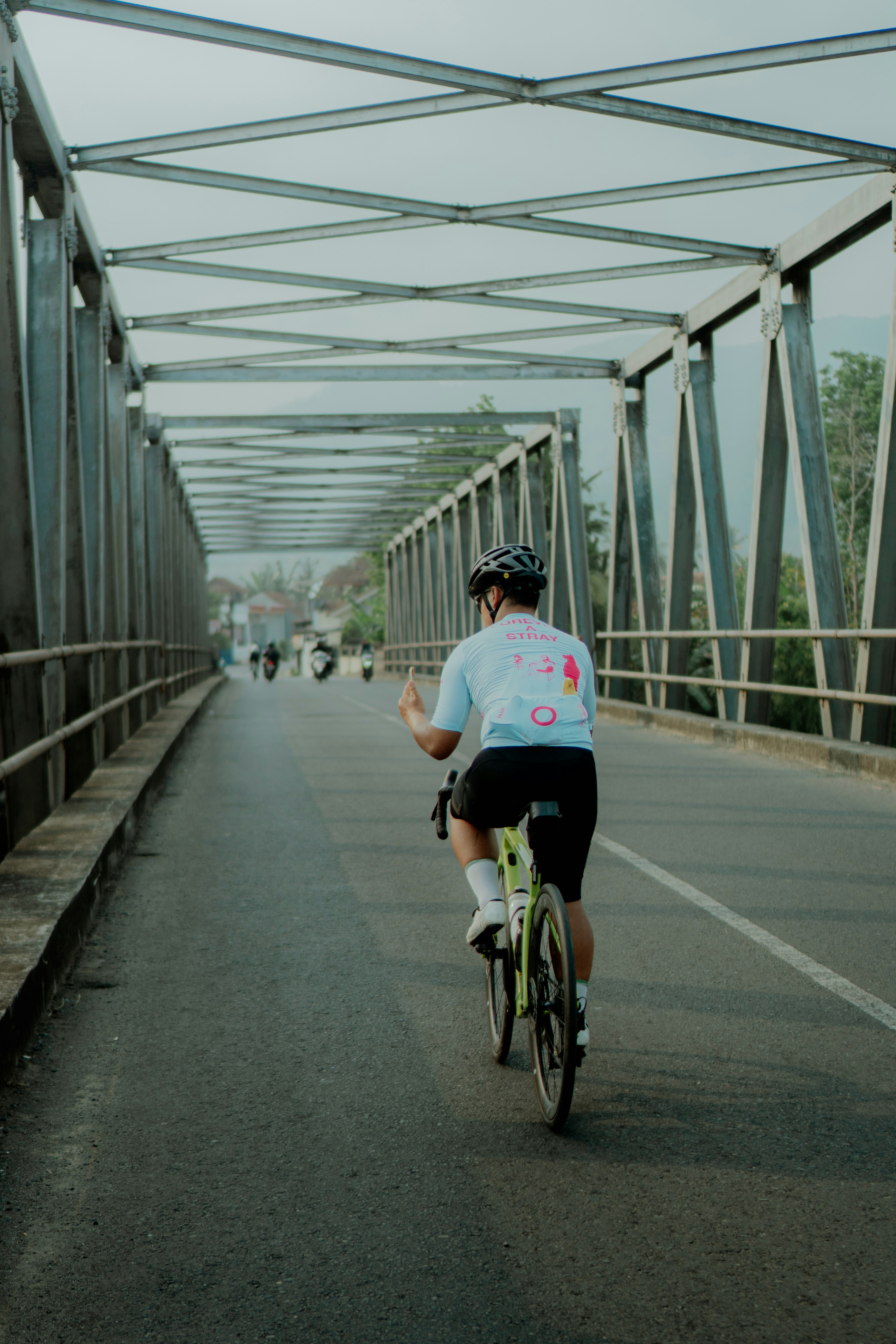 Rider in Transit: A cyclist pedals through a steel-arched bridge