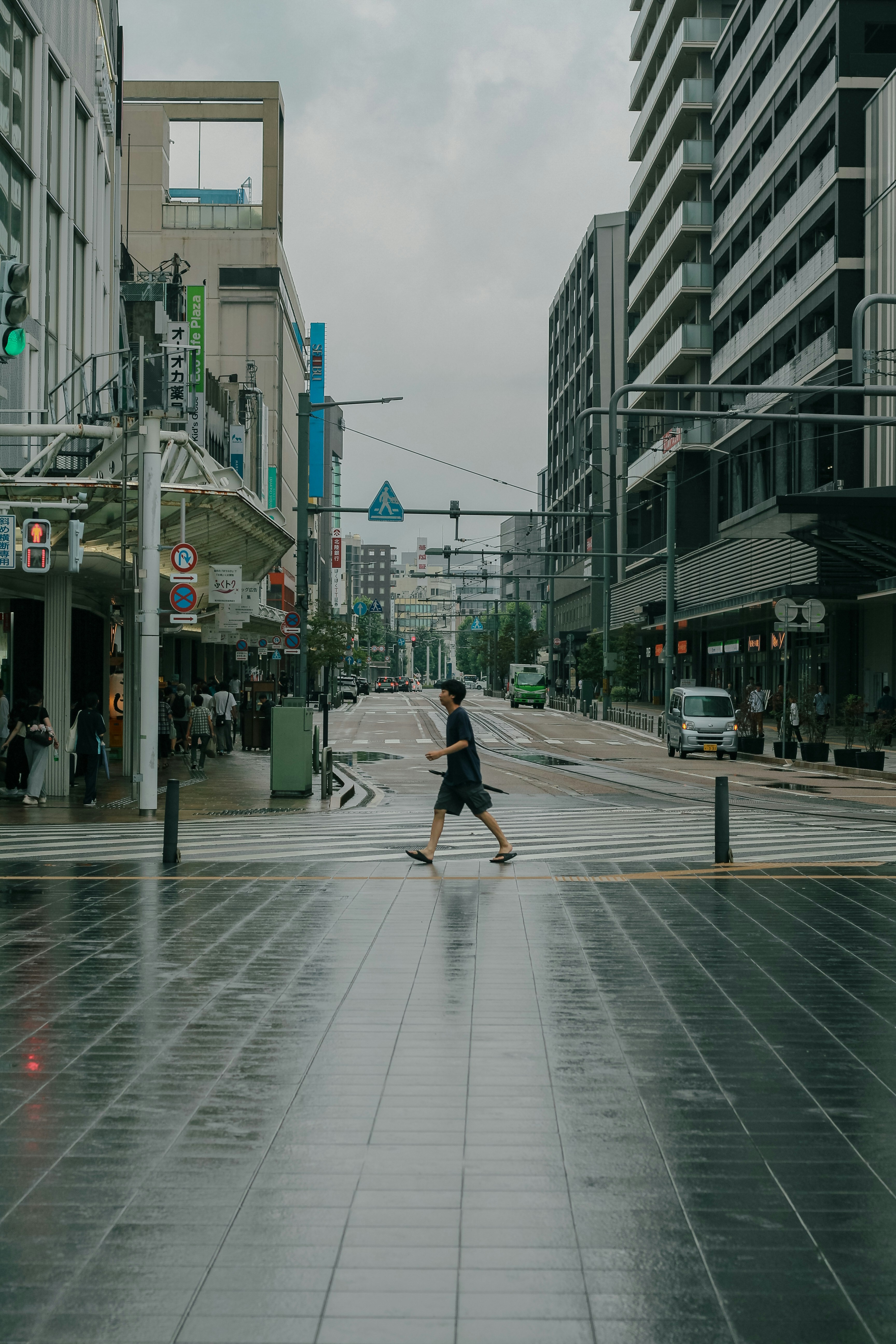 Urban Crosswalk at Rain-Slick Noon