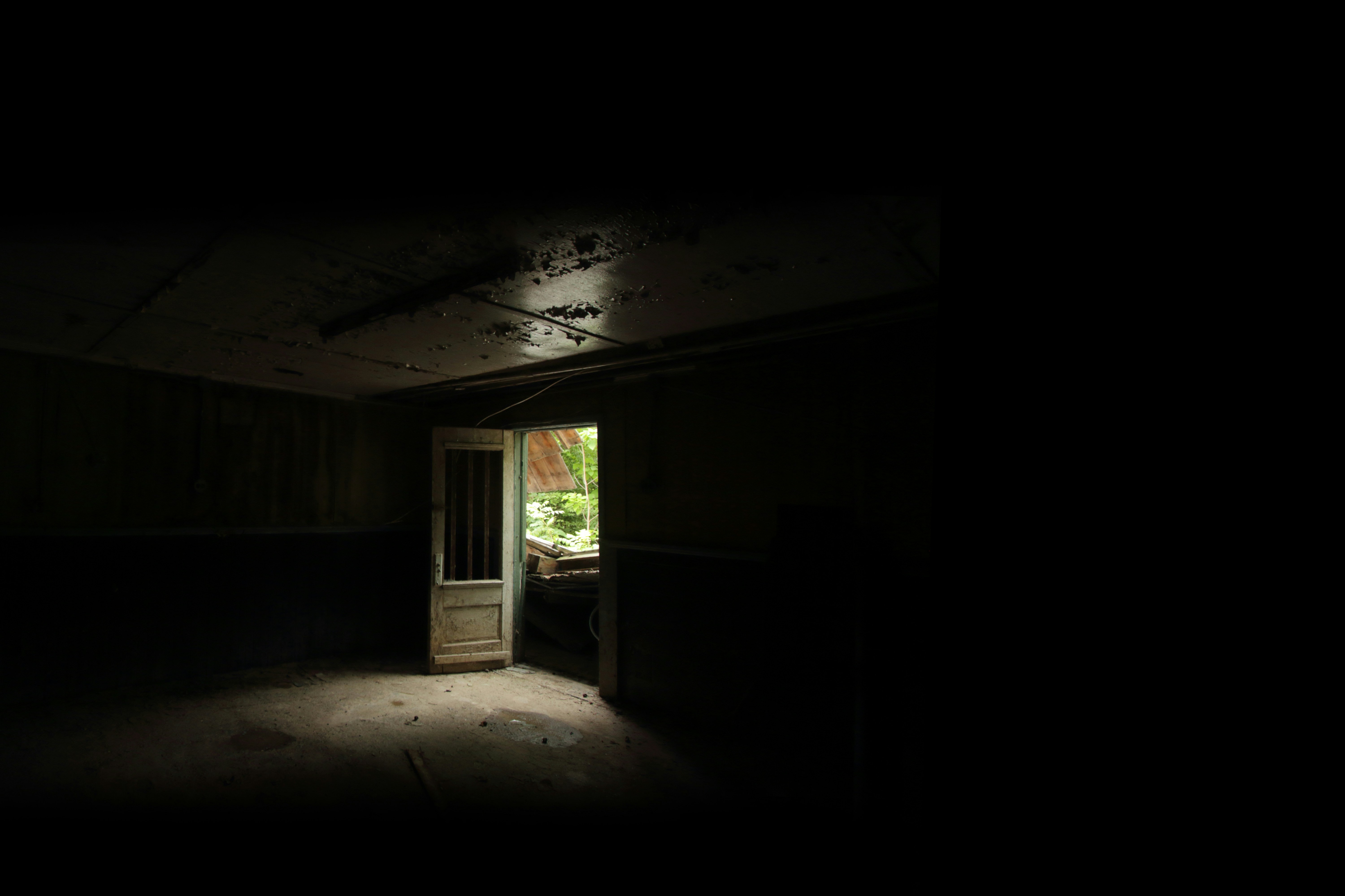 Dim interior leading to a bright doorway, where natural light reveals a glimpse of greenery beyond; a silent, abandoned space with a lone exit as the focal point. This is a photo, not a painting or illustration.