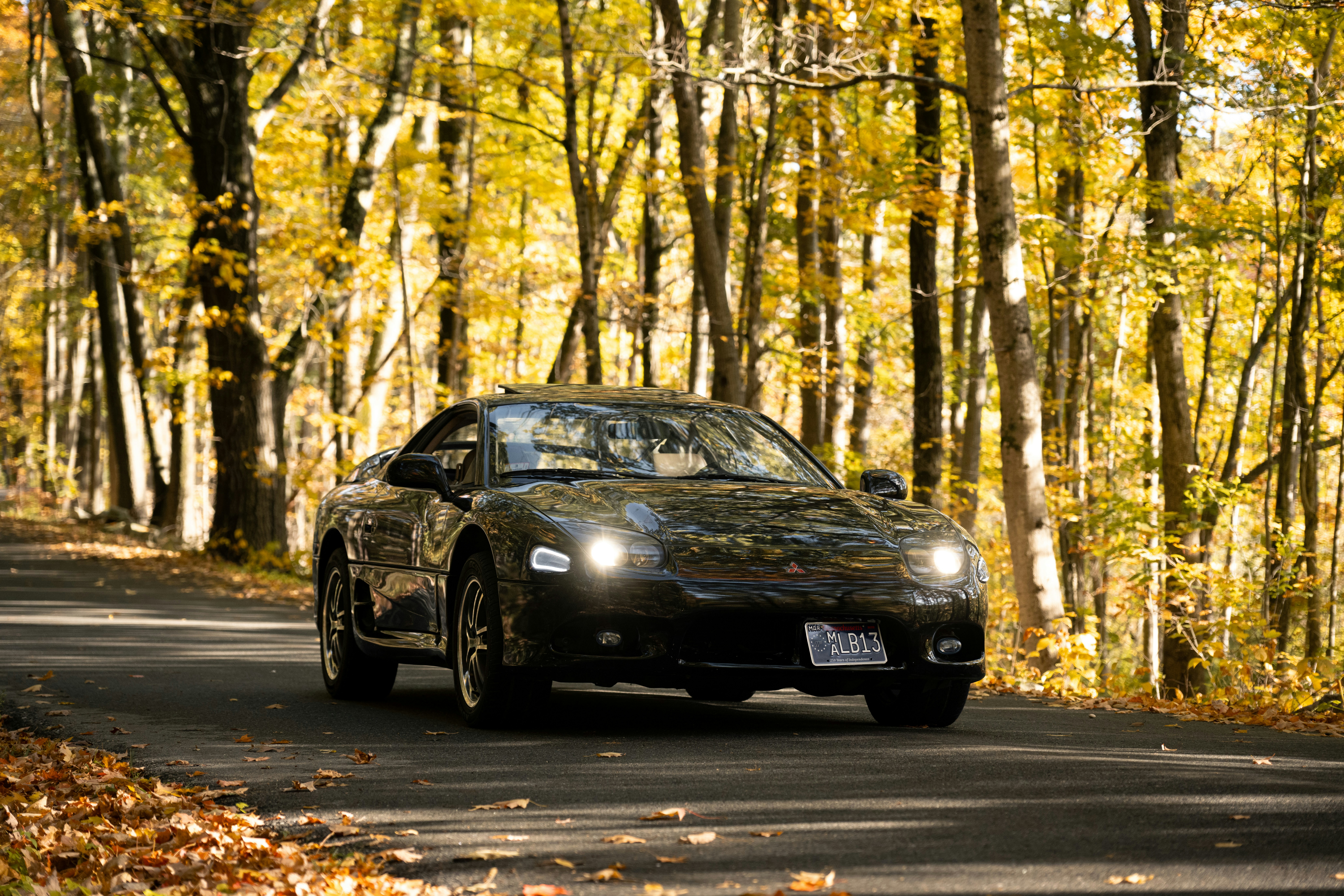 A black sports car travels along a leaf-strewn road framed by tall autumn trees, sunlight striations and warm foliage in the background.