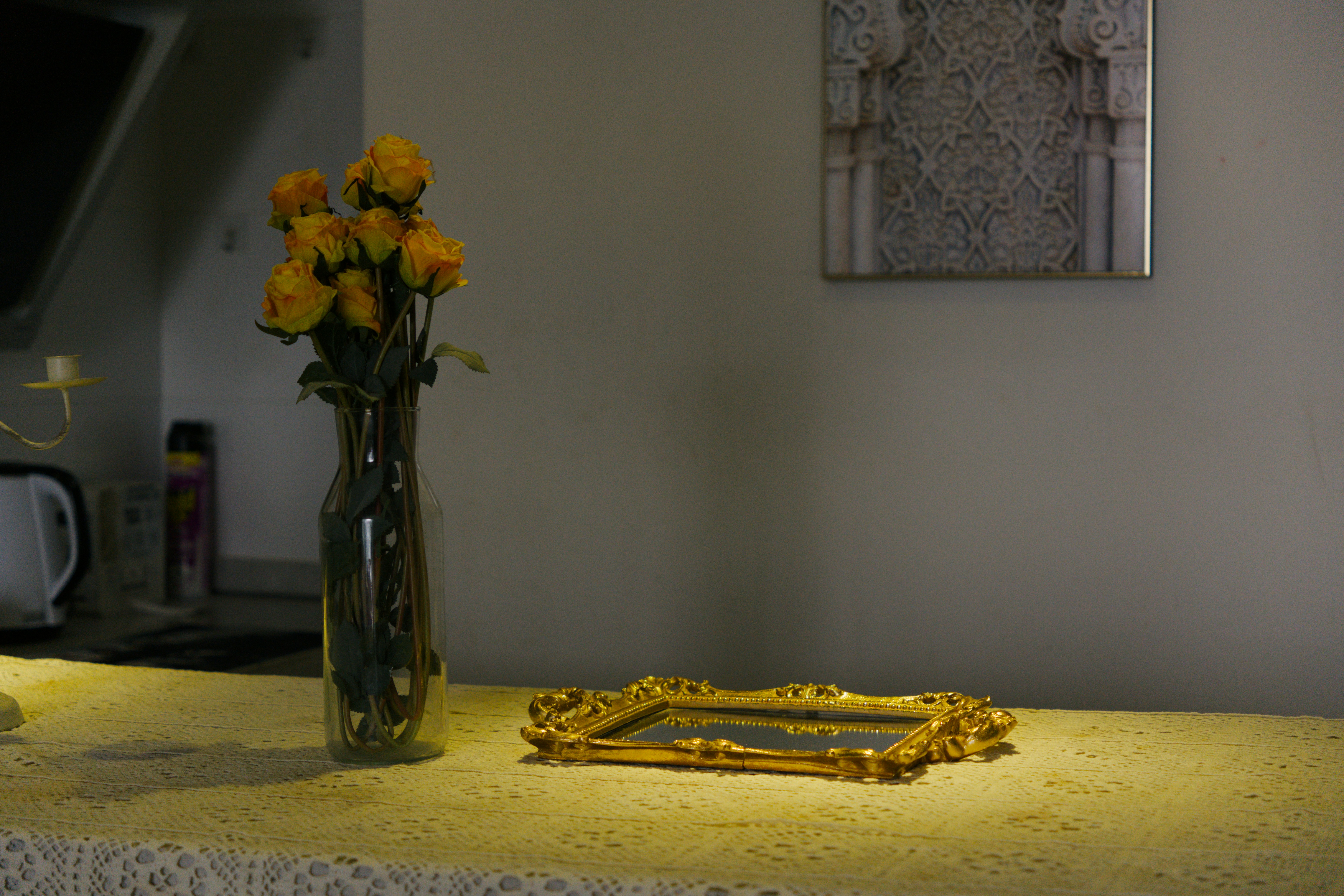 A Quiet Still Life: Roses, Lace, and a Gilded Frame