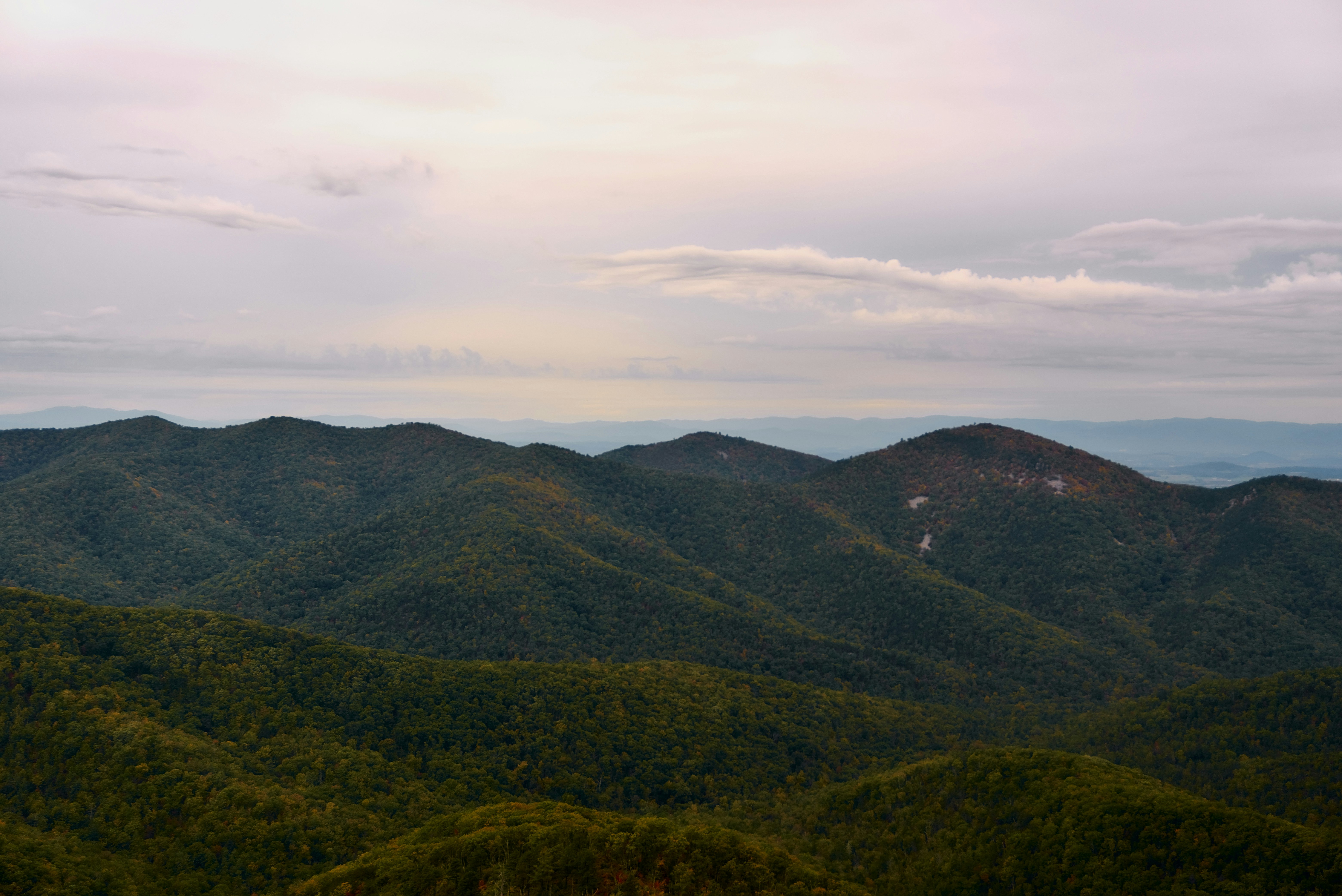 Rolling forested ridges under a pastel sky reveal a tranquil mountain landscape with soft, layered textures and distant horizon. A serene nature view without prominent man-made elements.