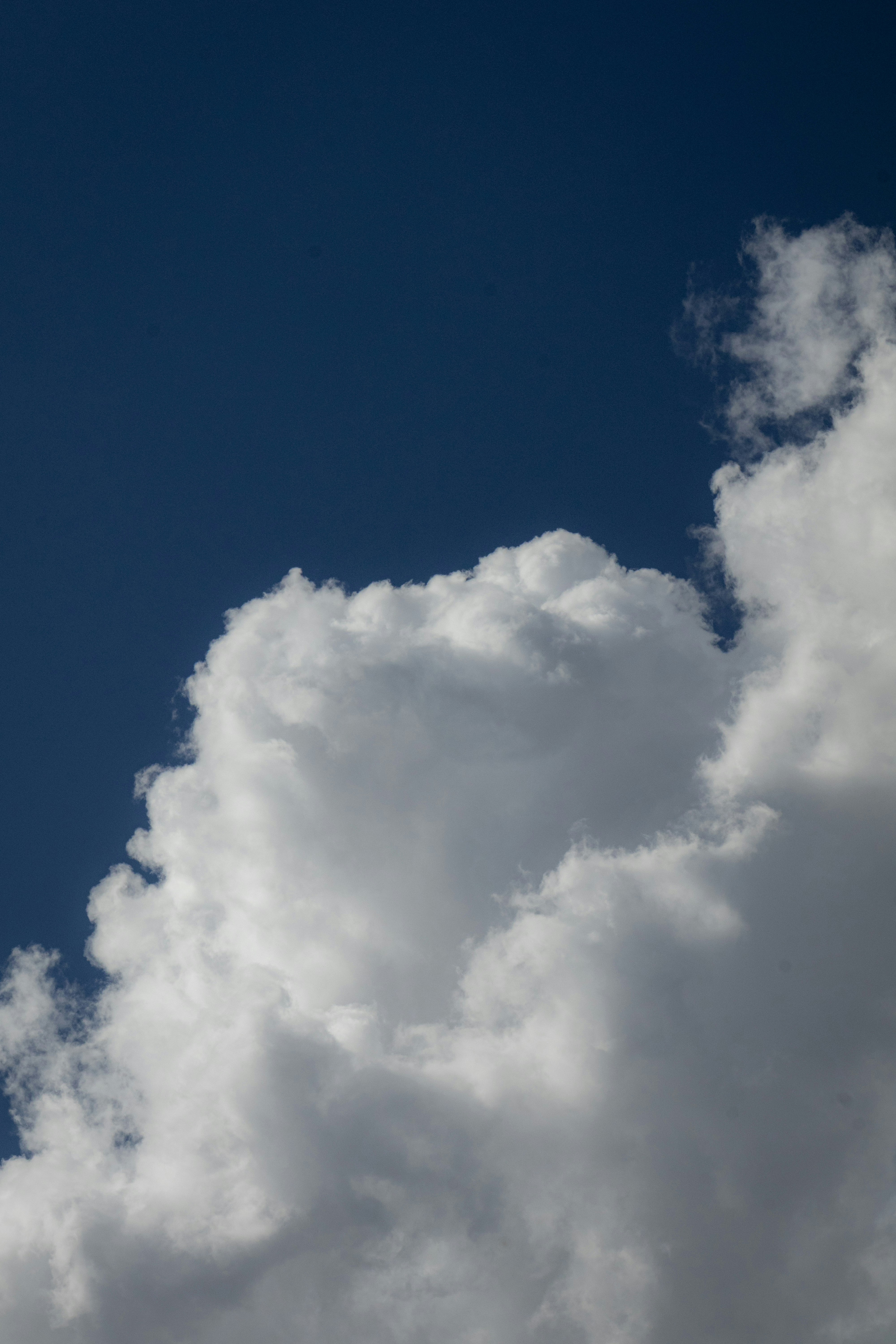 Bright white cumulus clouds rise over a deep blue sky, occupying the lower portion of the frame for a expansive, airy feel. This image focuses on natural sky drama without foreground detail; suitable for minimalist or atmospheric contexts.