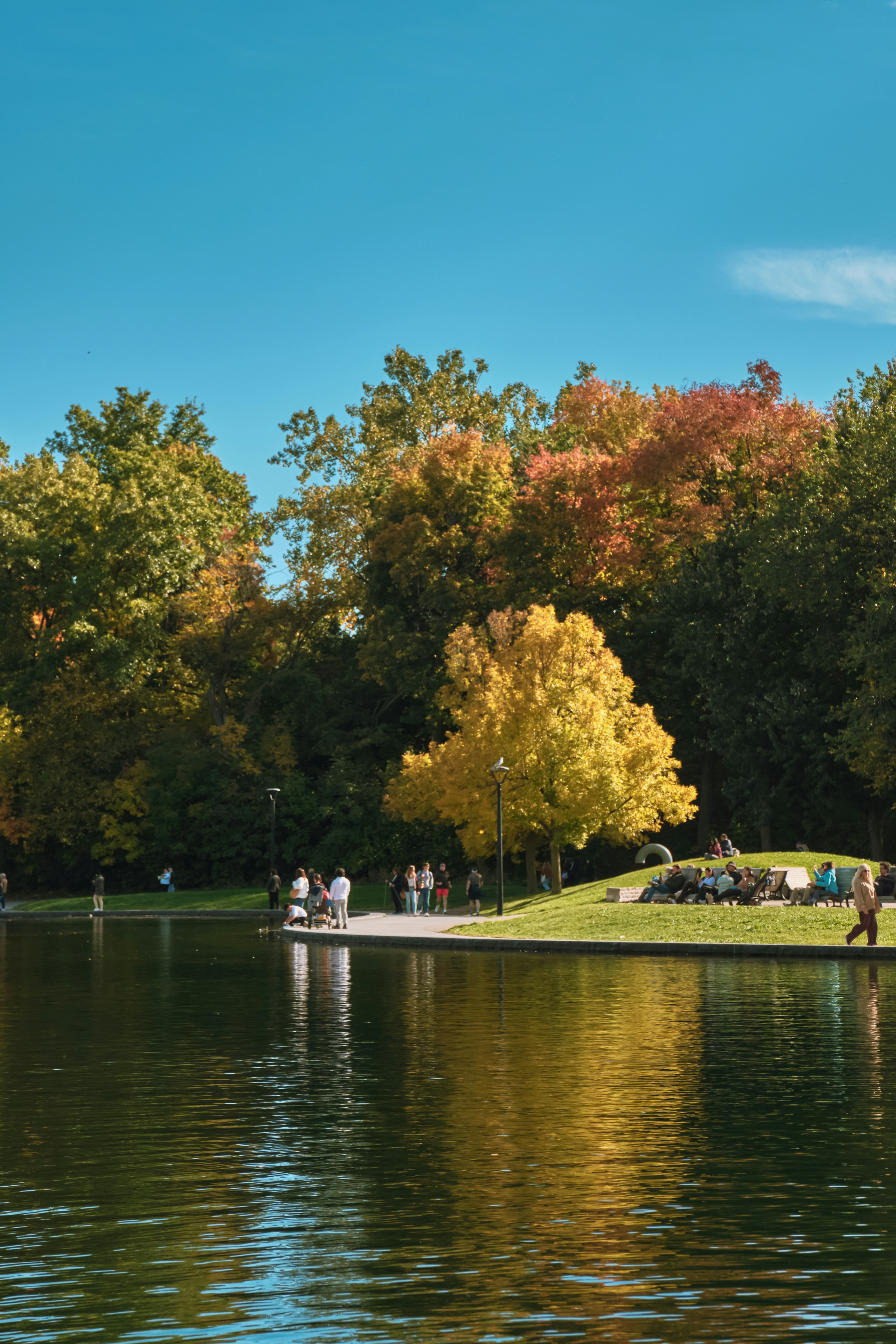 Autumn Riverside Gathering Under a Clear Sky