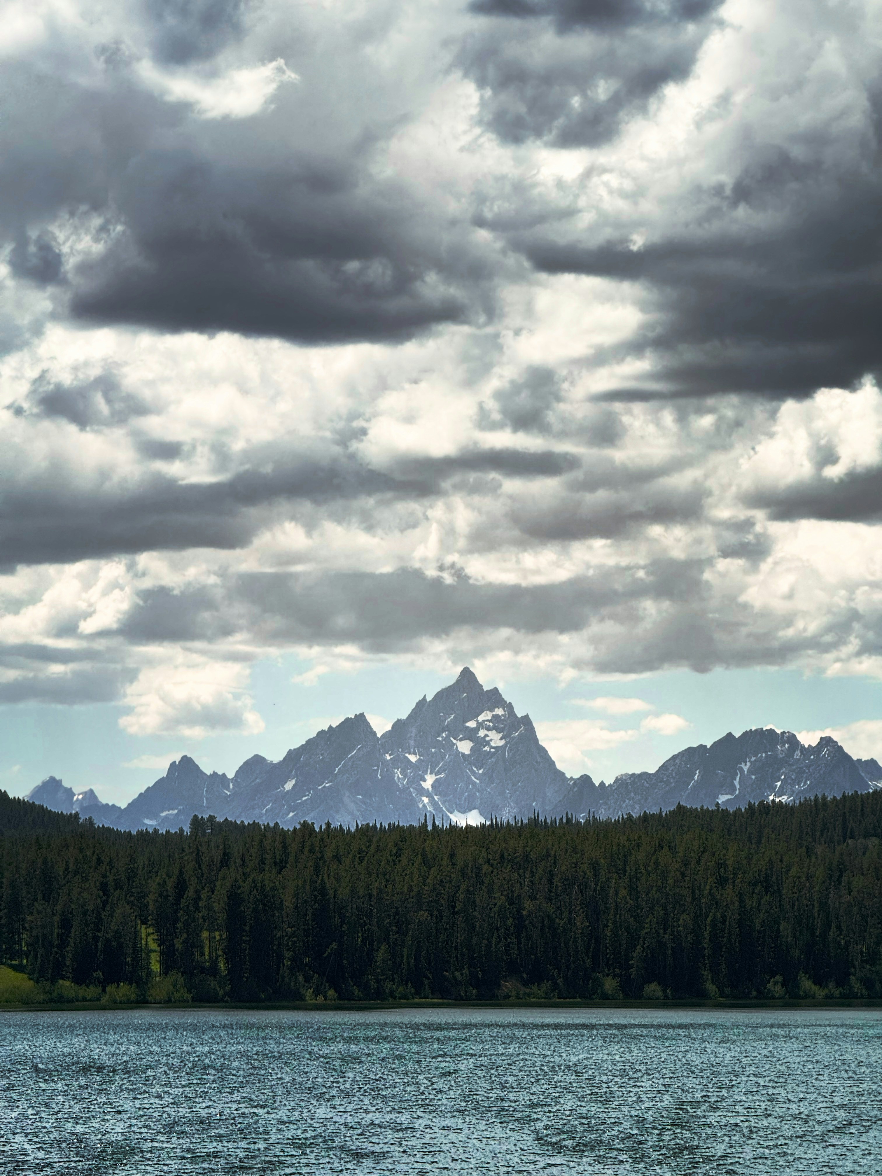 Snow-capped Peaks Over a Pine Forest by a Calm Lake